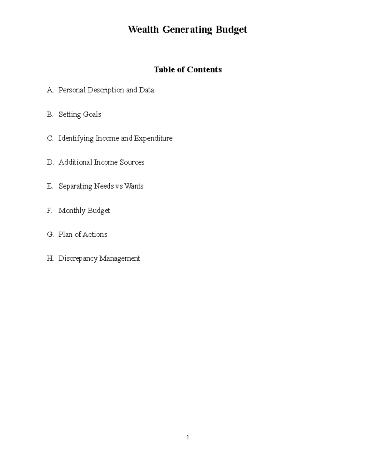 Budget Template - Wealth Generating Budget Table of Contents A ...