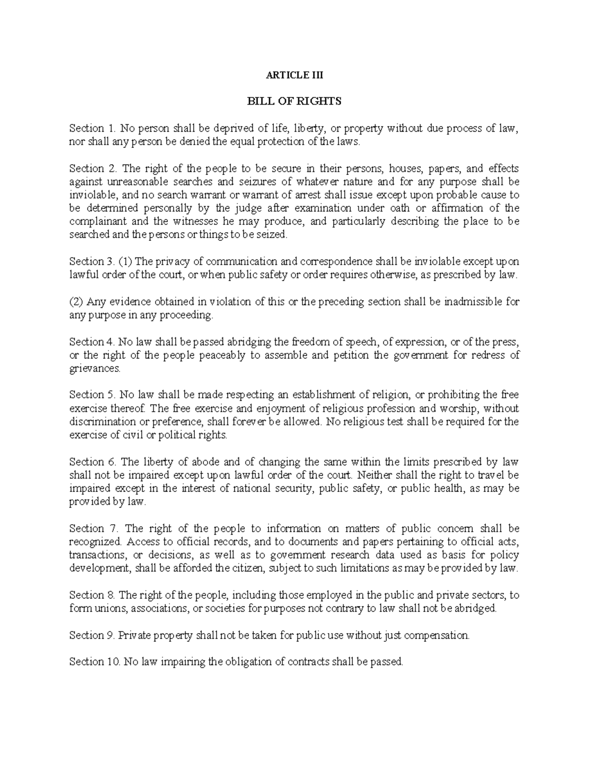 Bill of Rights- Article 3 - ARTICLE III BILL OF RIGHTS Section 1. No person shall be deprived of ...