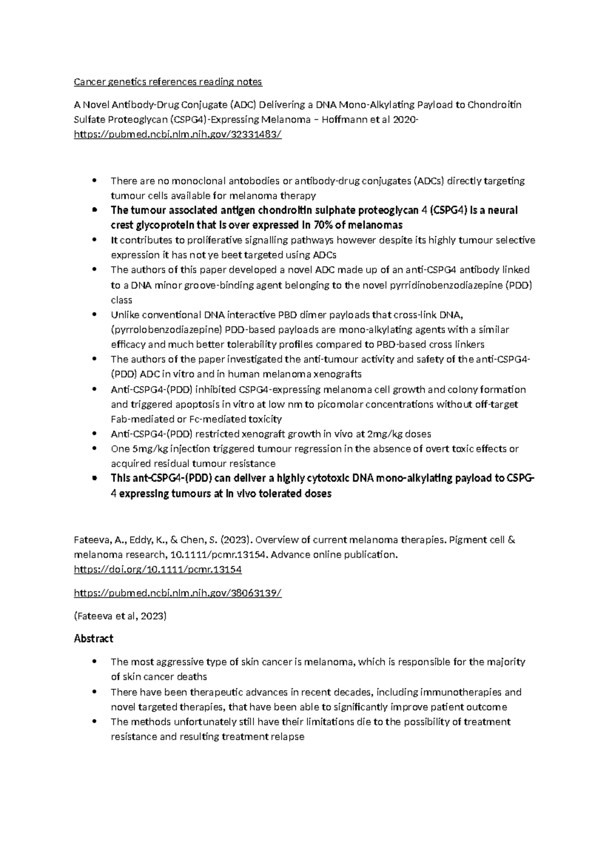 Melanoma reference notes - Cancer genetics references reading notes A ...