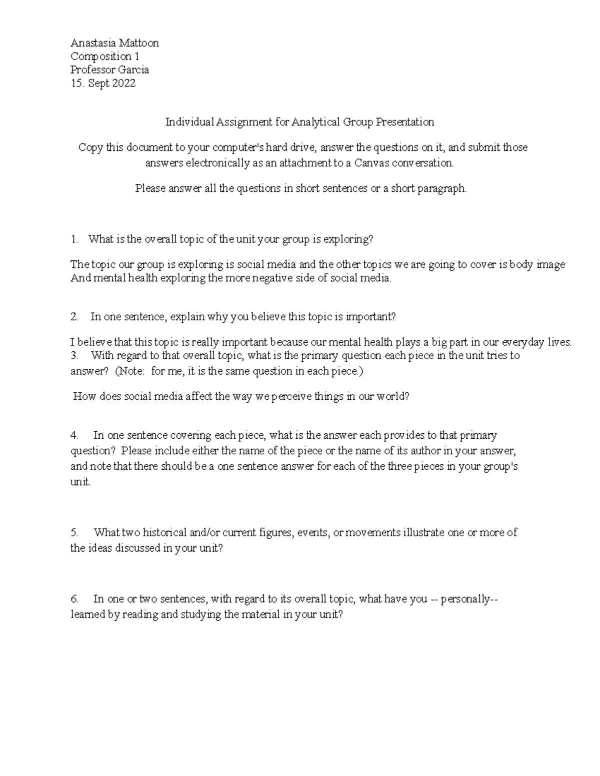 English 1301 - Individual Assignment for Analytical Group Presentation ...