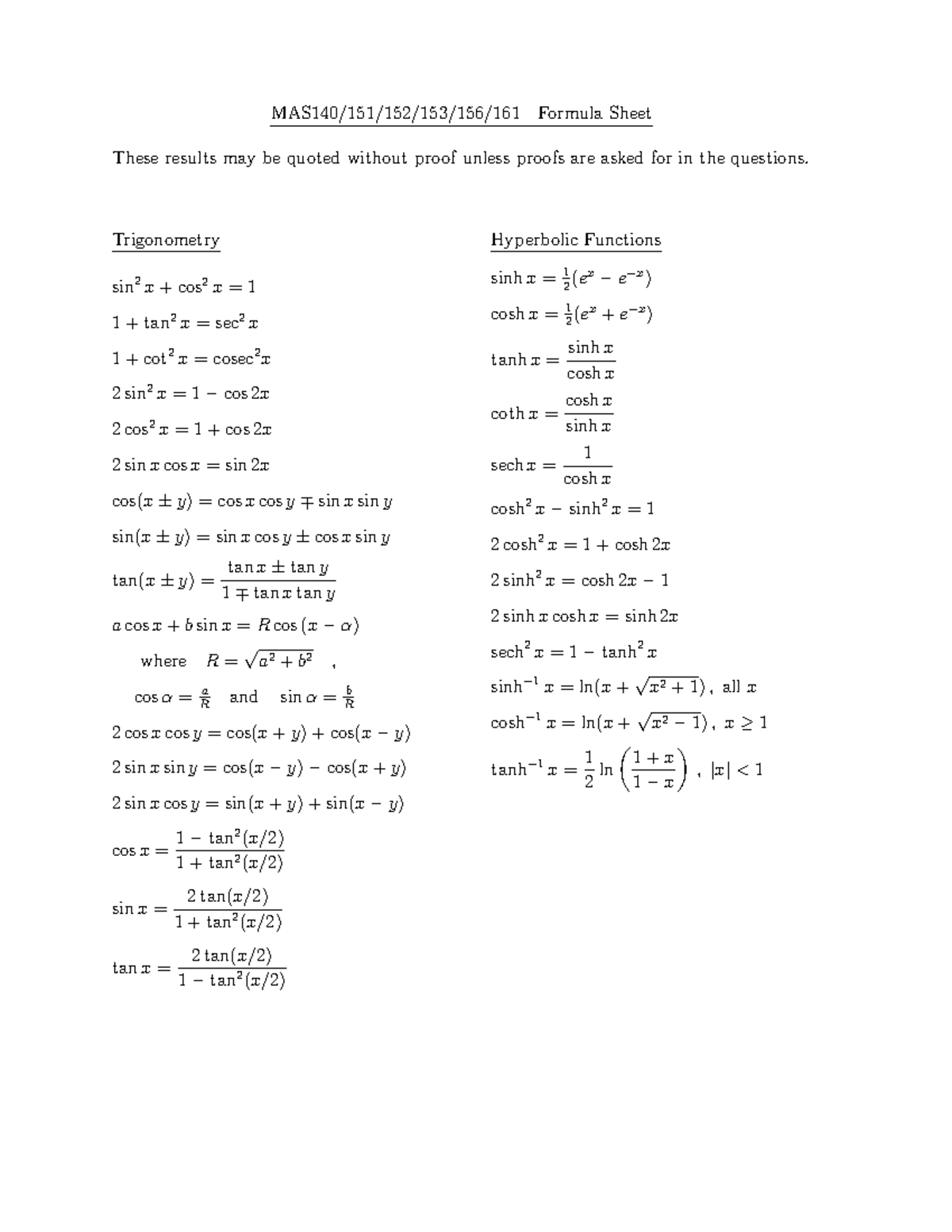 Formulasheet - MAS140/151/152/153/156/161 Formula Sheet These results ...
