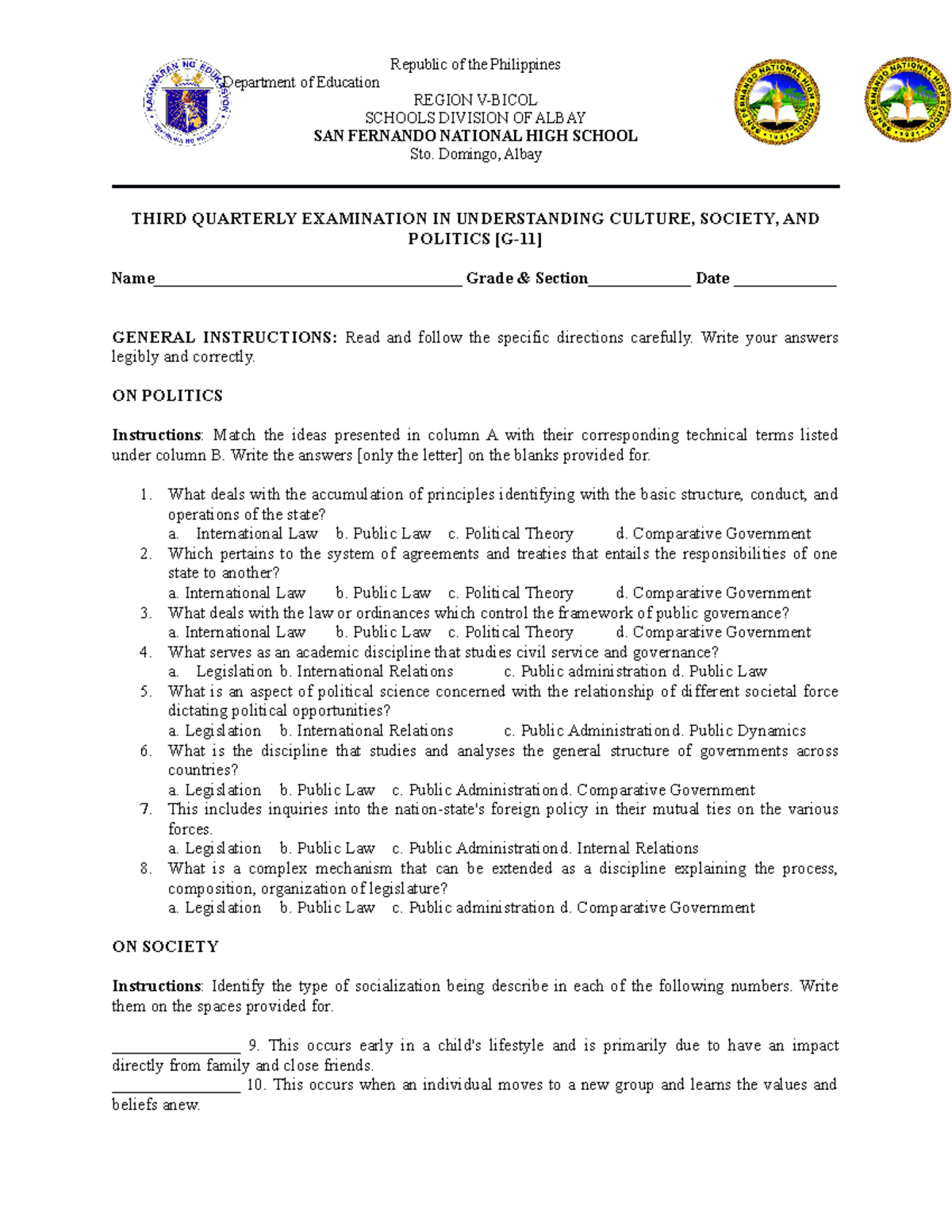 UCSP EXAM final - practice exercise - Department of Education REGION V ...