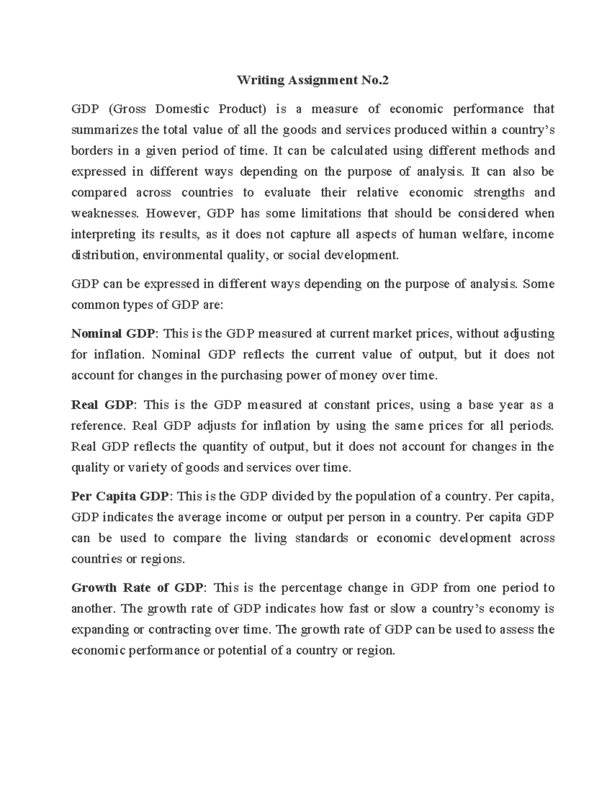 Writing Assignment No4 - GDP (Gross Domestic Product) is a measure of ...