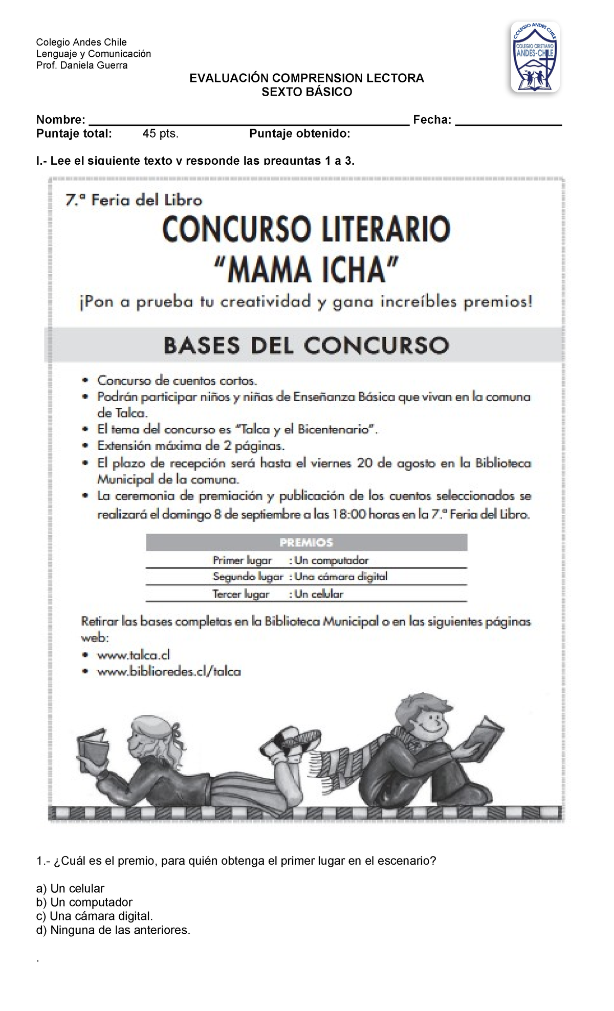 289375120 Evaluacion Comprension Lectora Sexto Basico Corregida - Colegio Andes Chile Lenguaje y ...