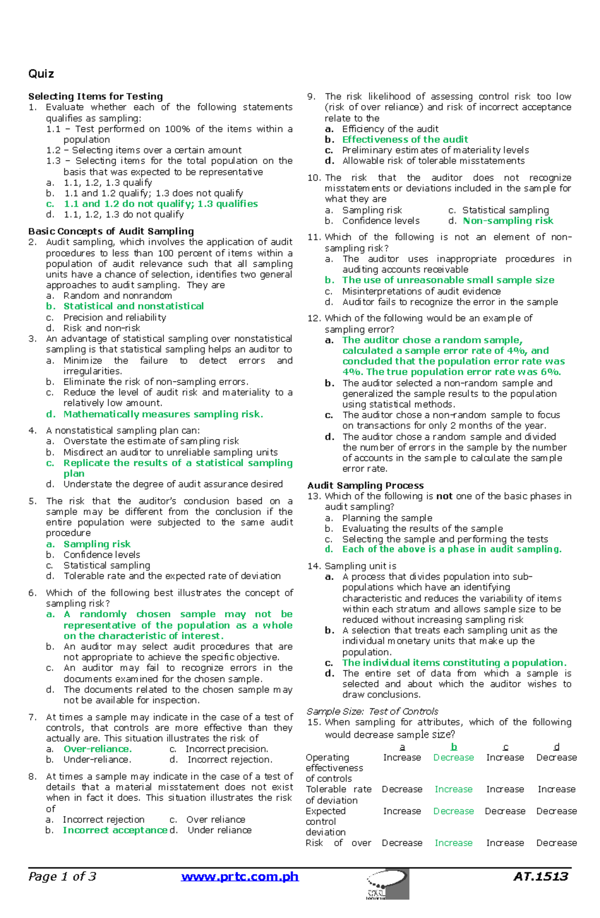 Quiz Audit Sampling Chap 11 - Quiz Selecting Items for Testing Evaluate ...