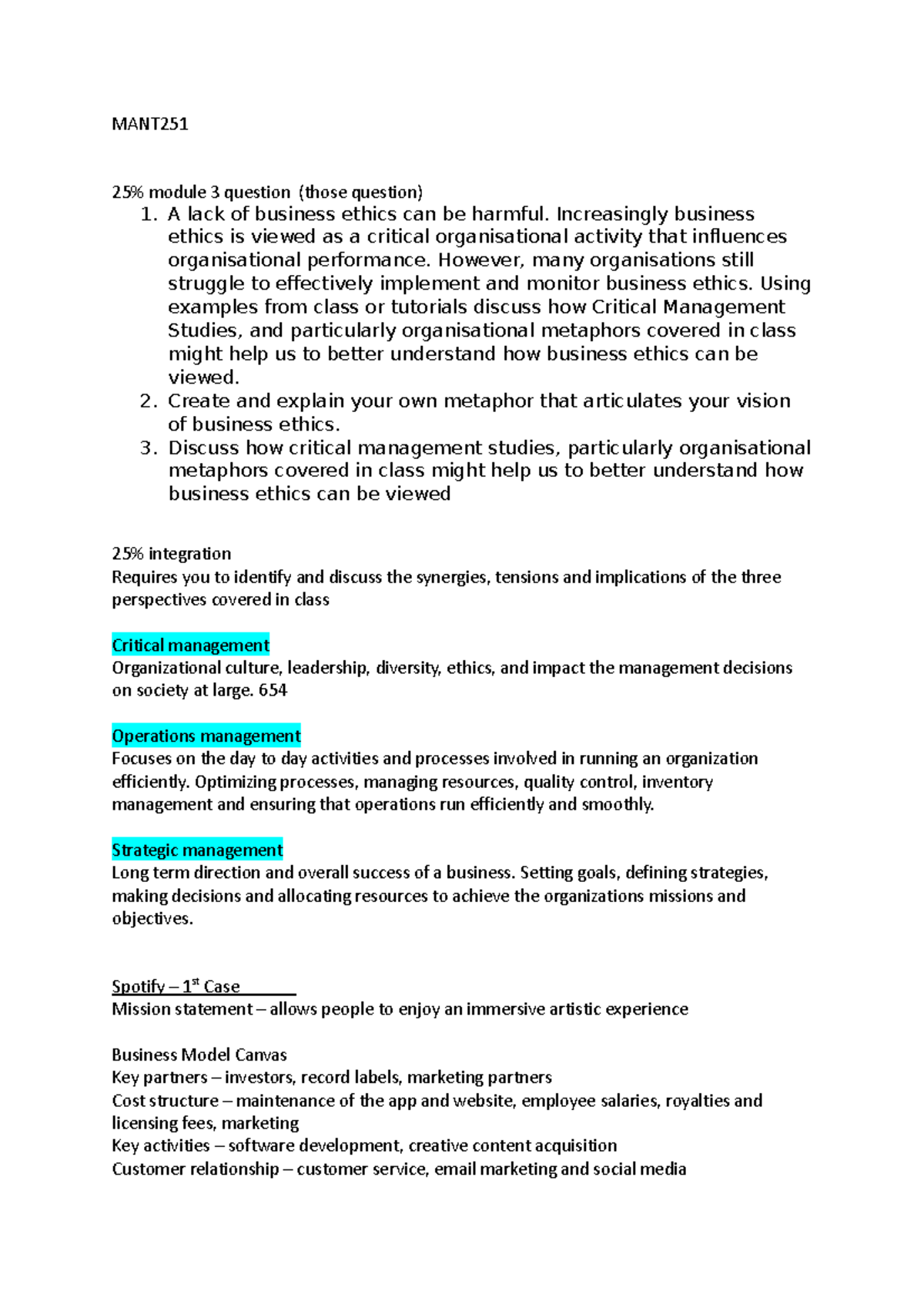 MANT251 - module 3 summary - MANT 25% module 3 question (those question ...