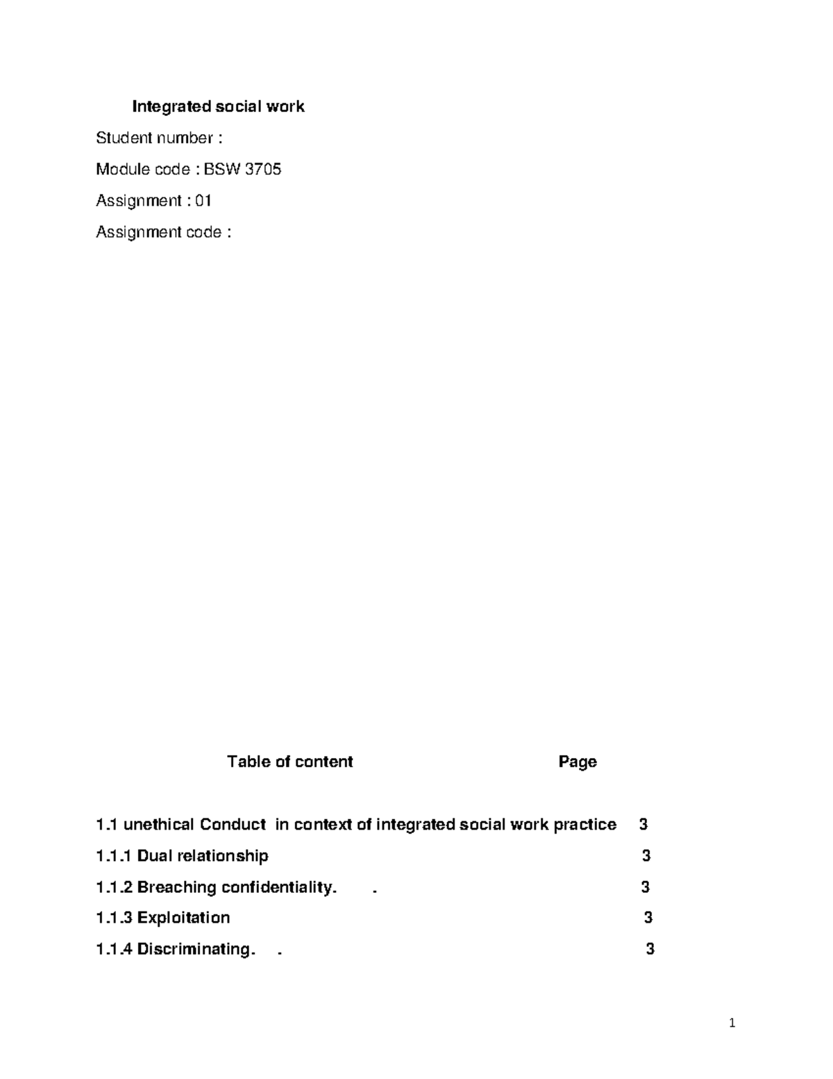 BSW 3705 Assignment 1 - Integrated social work Student number : Module code : BSW 3705 ...
