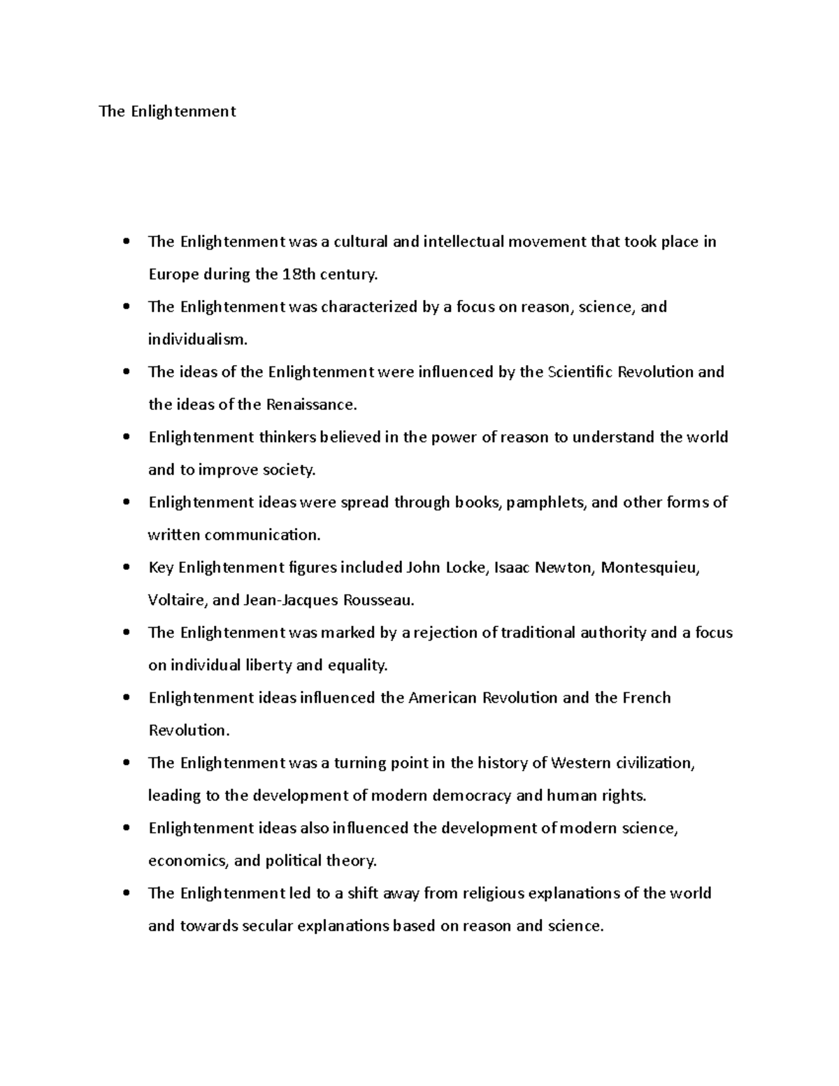 The Enlightenment notes - The Enlightenment The Enlightenment was a ...