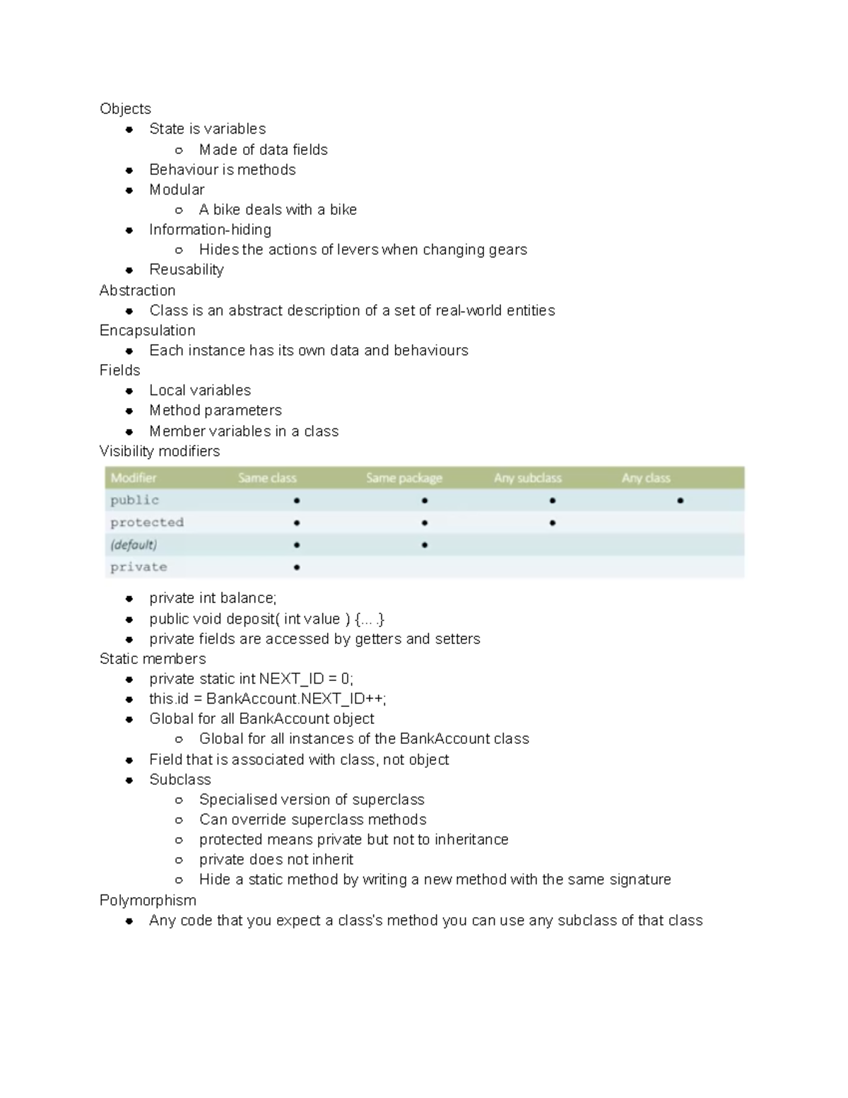 Java Programming Bullet Pointed Key Concepts 2019 2020 Objects State Is Variables Made Of Data