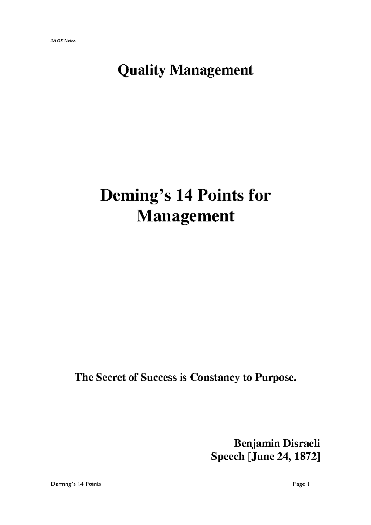 Deming - NOTES - Quality Management Deming’s 14 Points for Management ...