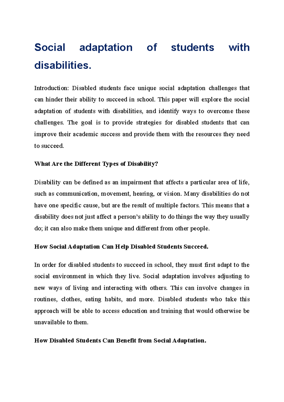 Social adaptation of students with disabilities - Introduction ...
