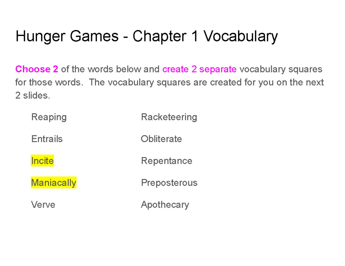 Copy of Copy of Hunger Games Vocab Square - Chap 1 preread - Hunger ...