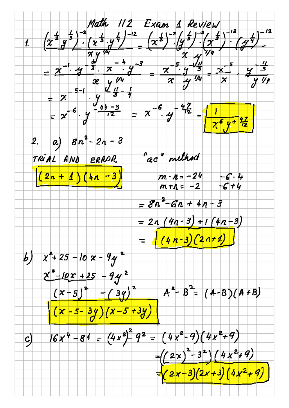 Math 112 exam 1 review complete solution - Math 112 Exam 1 Review 1. (x*y). (x3)-2 xy"14 - Studocu