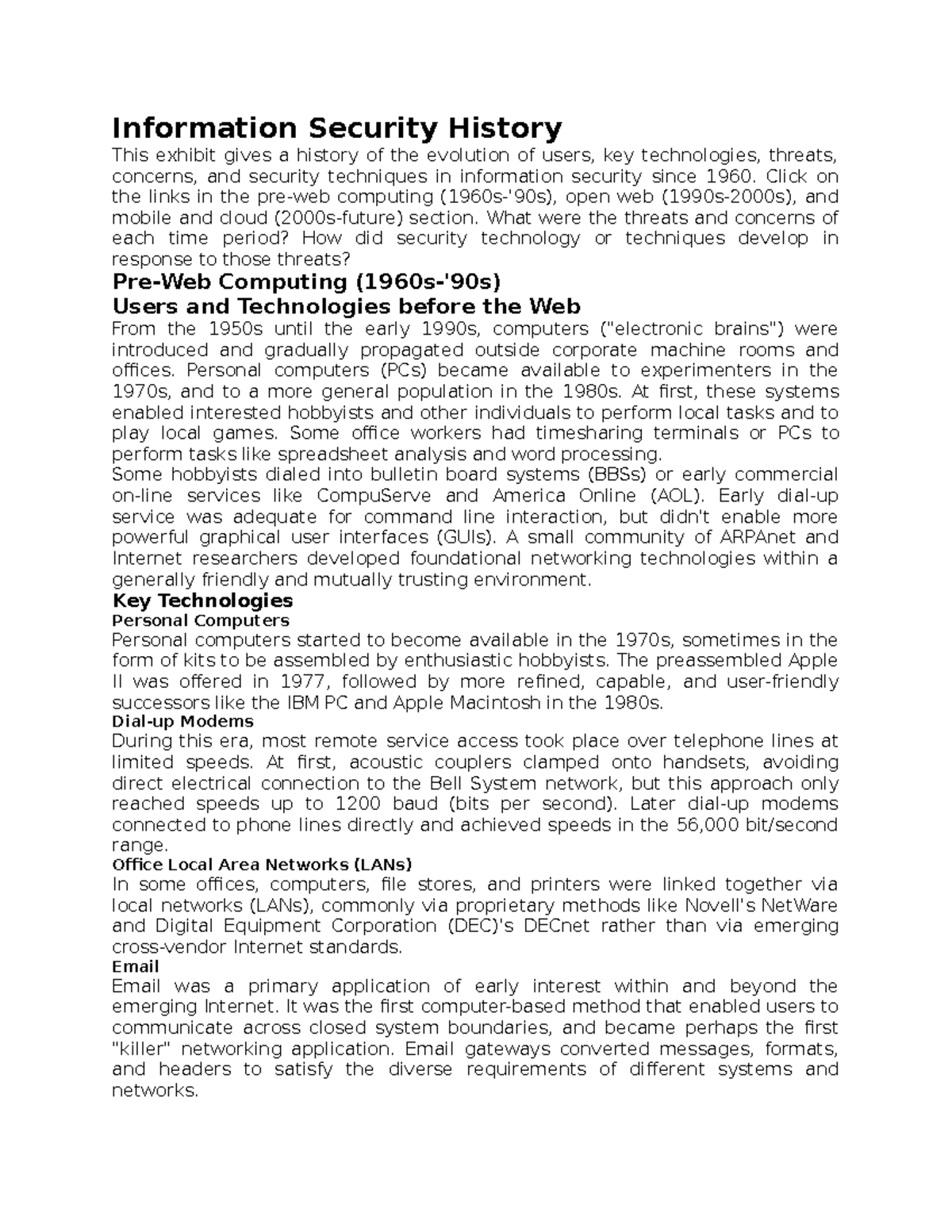 Chapter one - Information Security History This exhibit gives a history ...