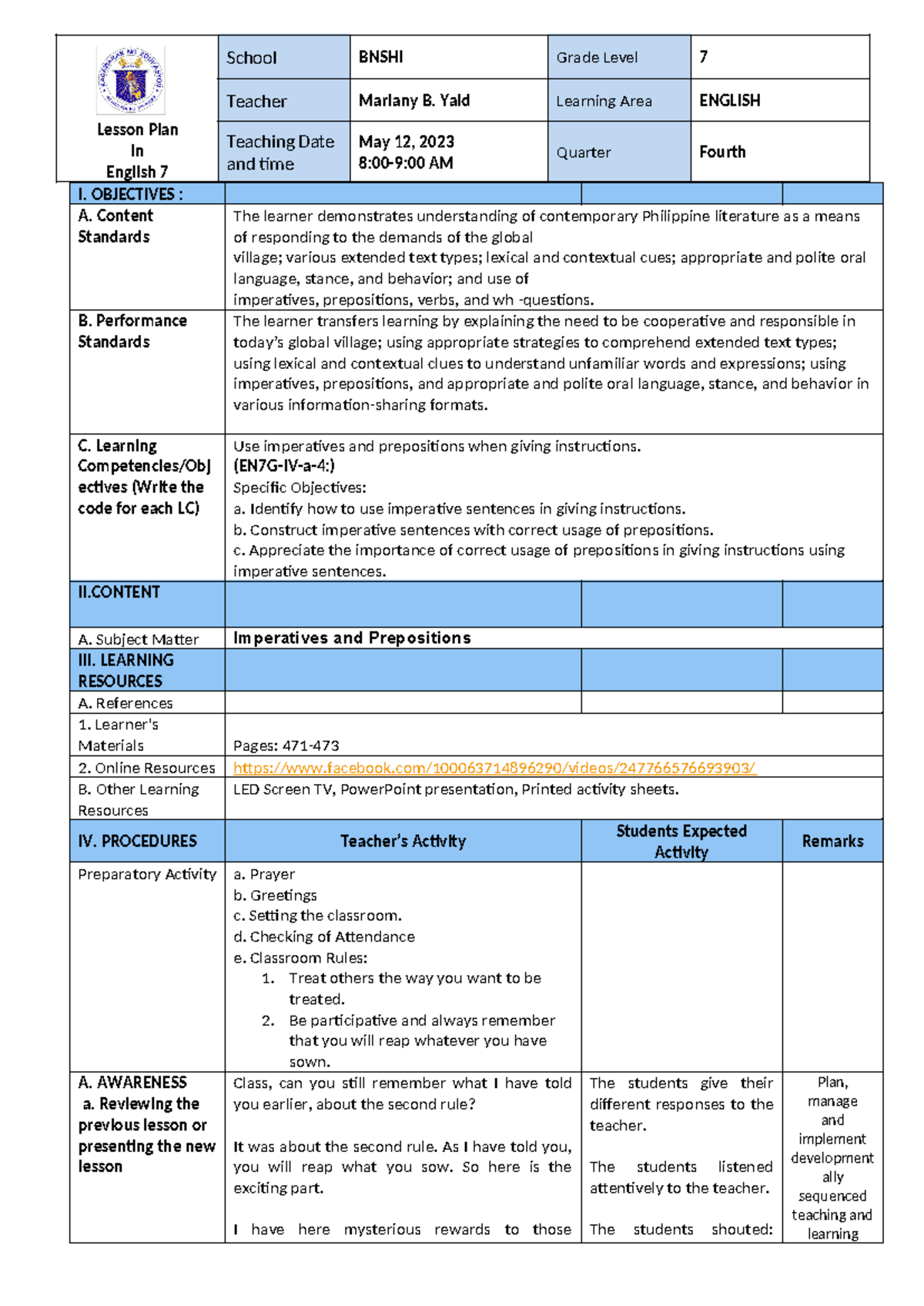 JHS DLP imperatives and prepositions - Lesson Plan In English 7 School ...