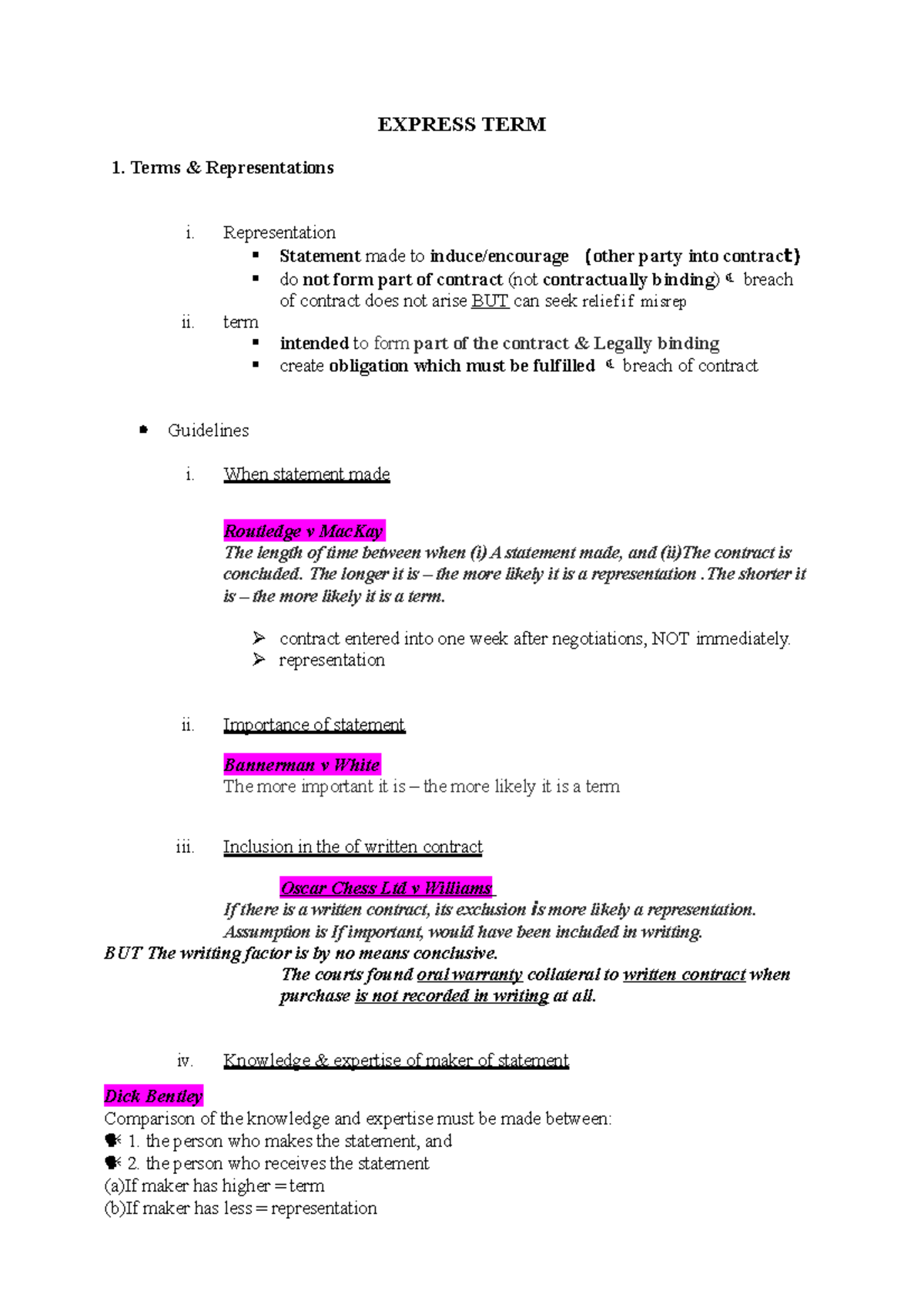 Final - express term - EXAM NOTE - EXPRESS TERM Terms & Representations ...