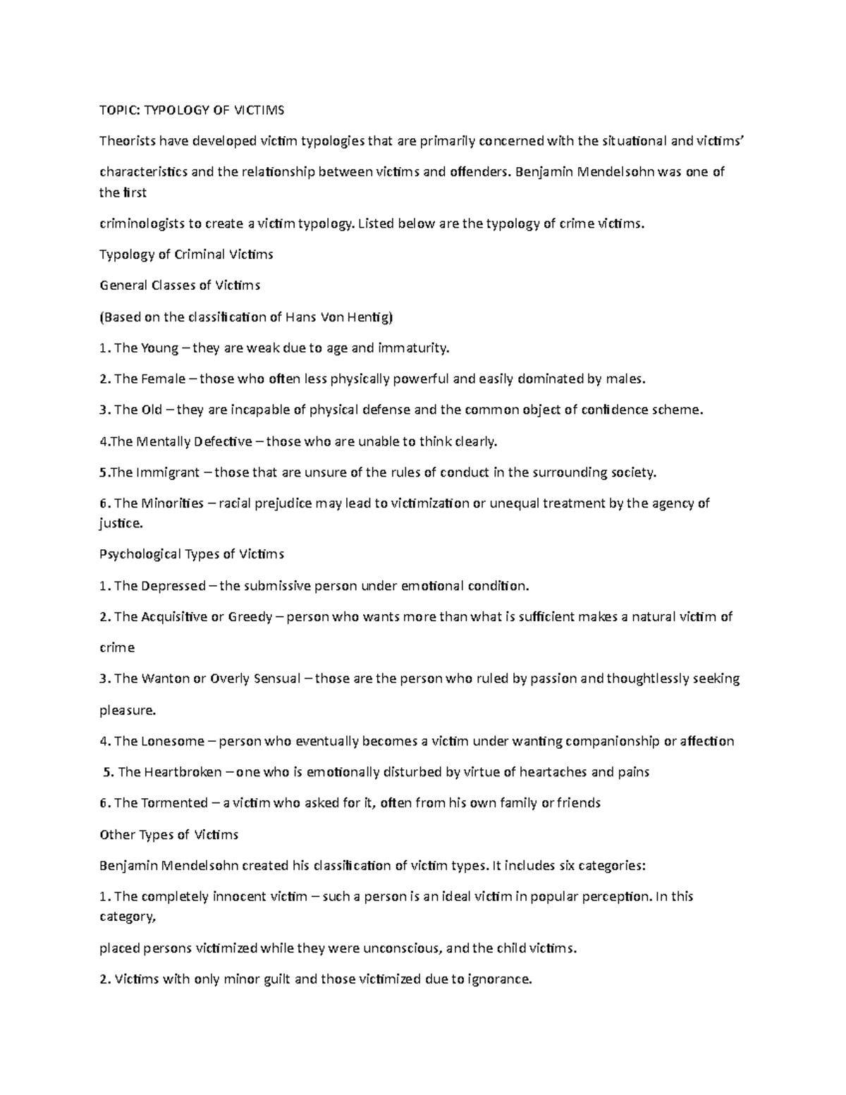Lecture notes Human Behavior 1 - TOPIC: TYPOLOGY OF VICTIMS Theorists ...