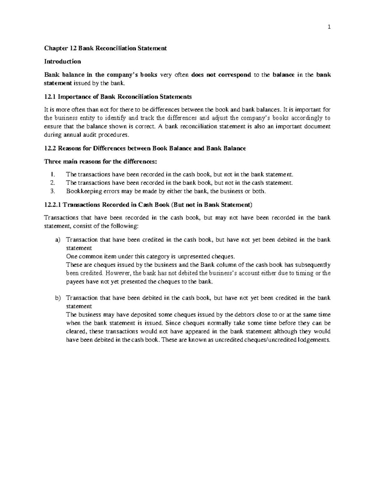 Chapter 12 Bank Reconciliation Statement - 1 Chapter 12 Bank ...