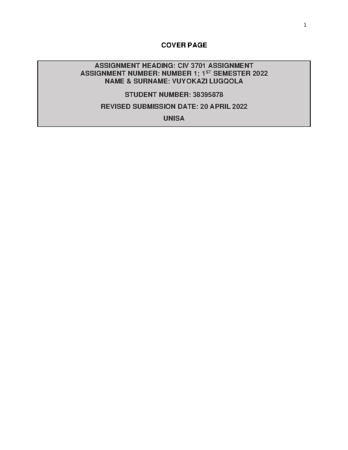 CIV 3701 Assignment 1, Final - COVER PAGE ASSIGNMENT HEADING: CIV 3701 ASSIGNMENT ASSIGNMENT ...