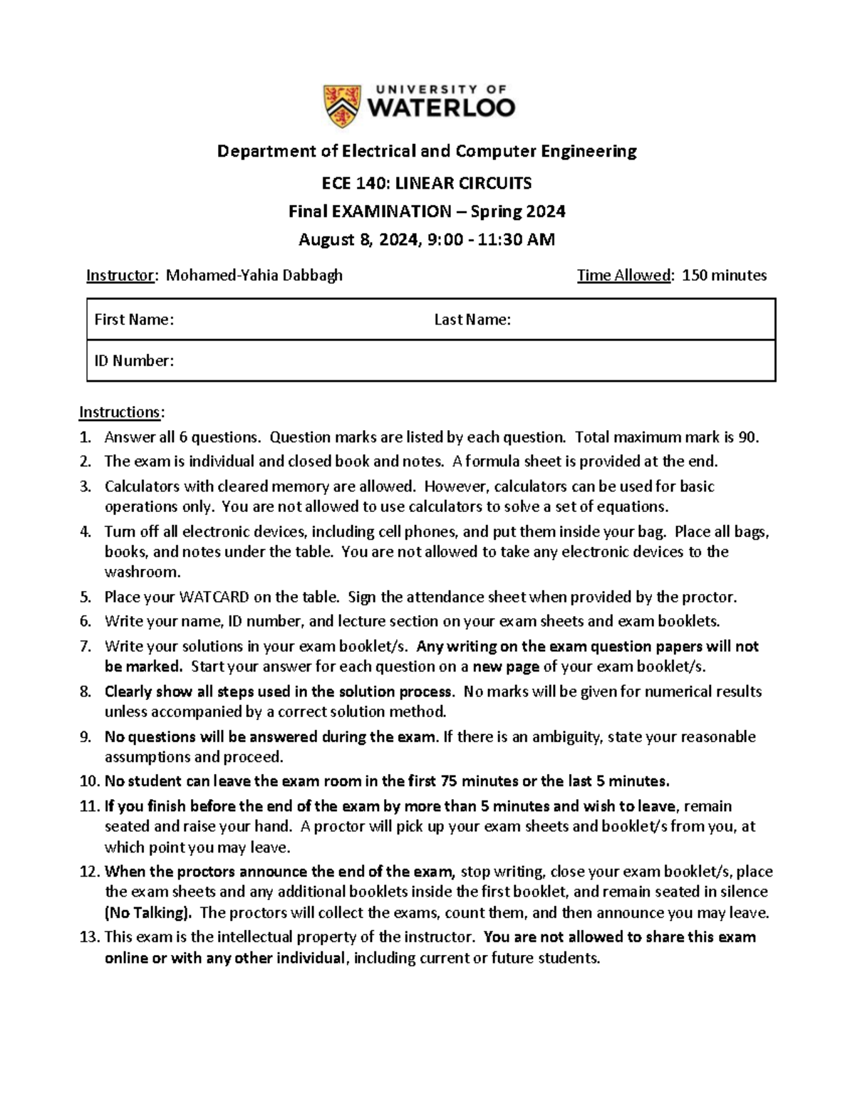 Cover-Formula Final-ECE140-S2024 - Department of Electrical and Computer Engineering ECE 140 ...