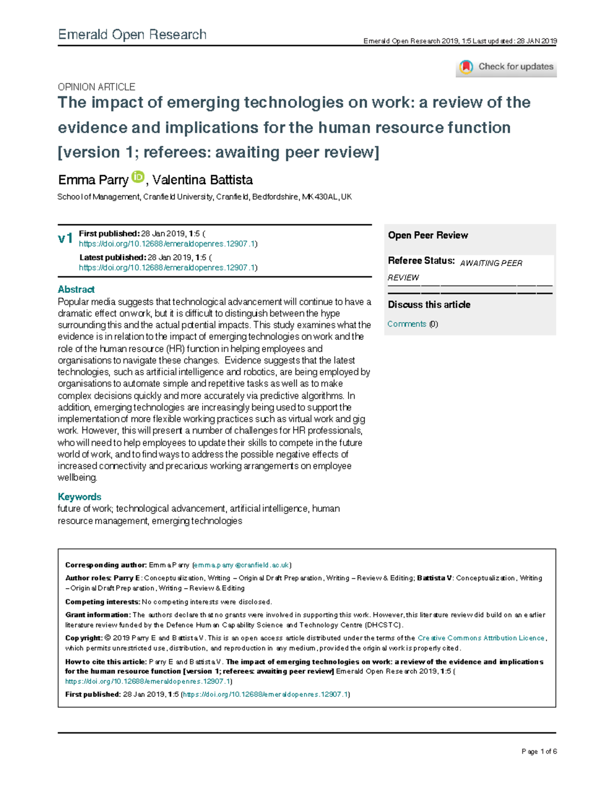 The impact of emerging technologies on work - This study examines what the evidence is in ...