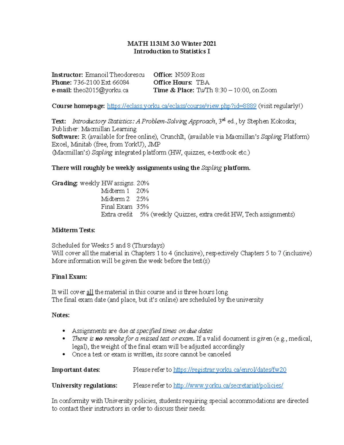 Course Outline - MATH 1131 M 3 Winter 2021 Introduction to Statistics I ...