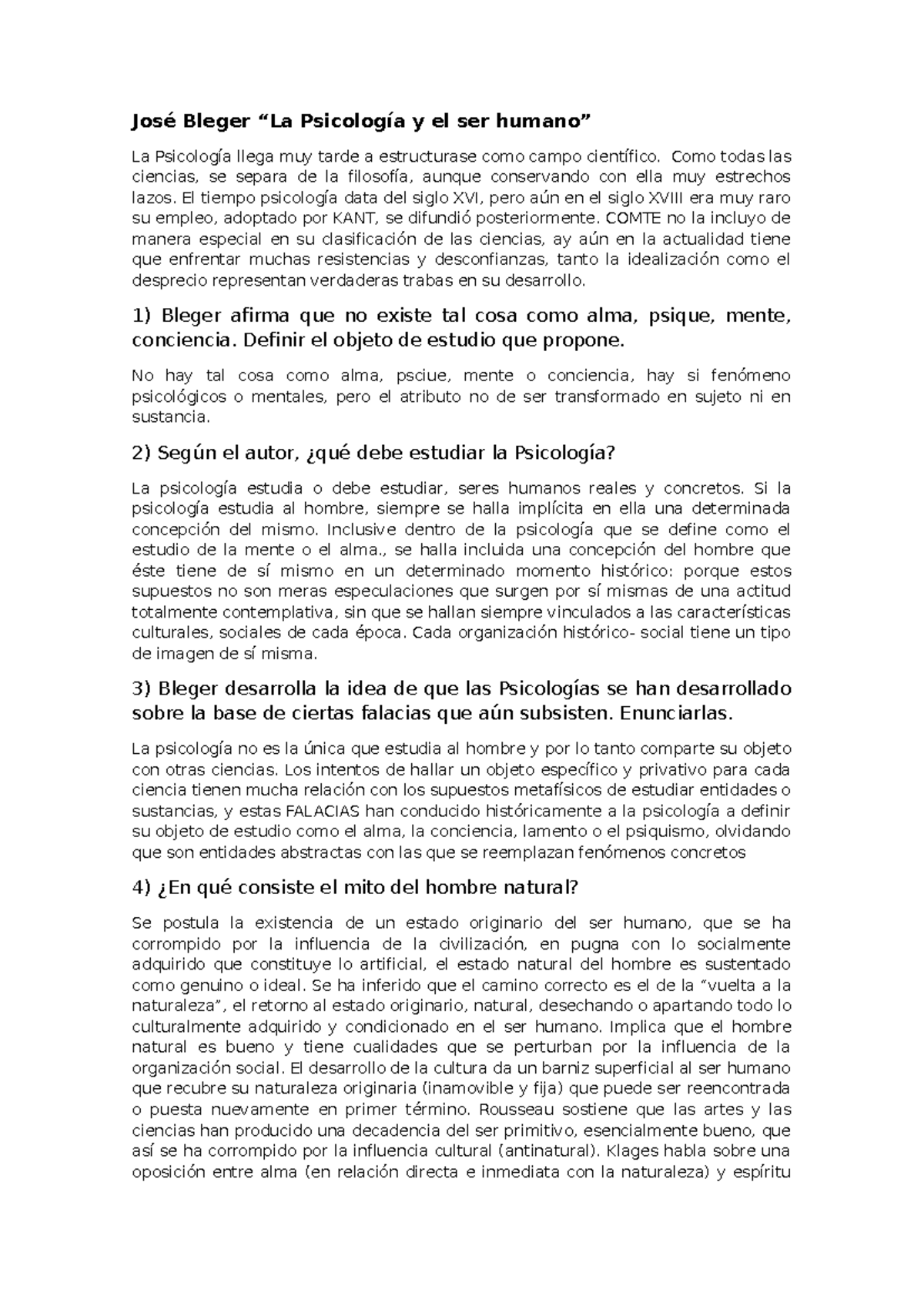 Resumen DE Custionarios - José Bleger “La Psicología y el ser humano ...