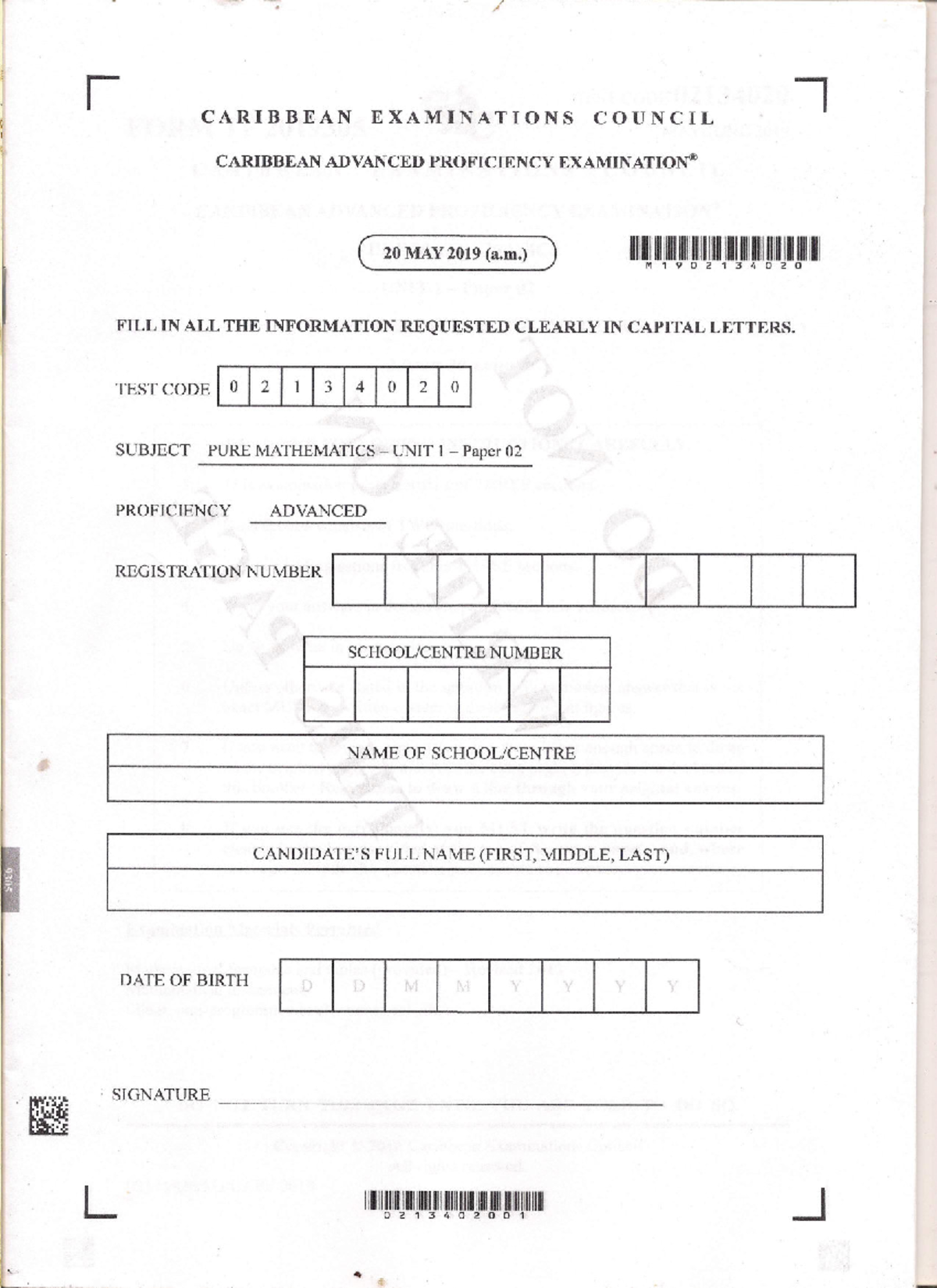 Pure Maths 2019 U1 P2 - past papers - CARIBBEAN EXAMINATIONS COUNCIL ...