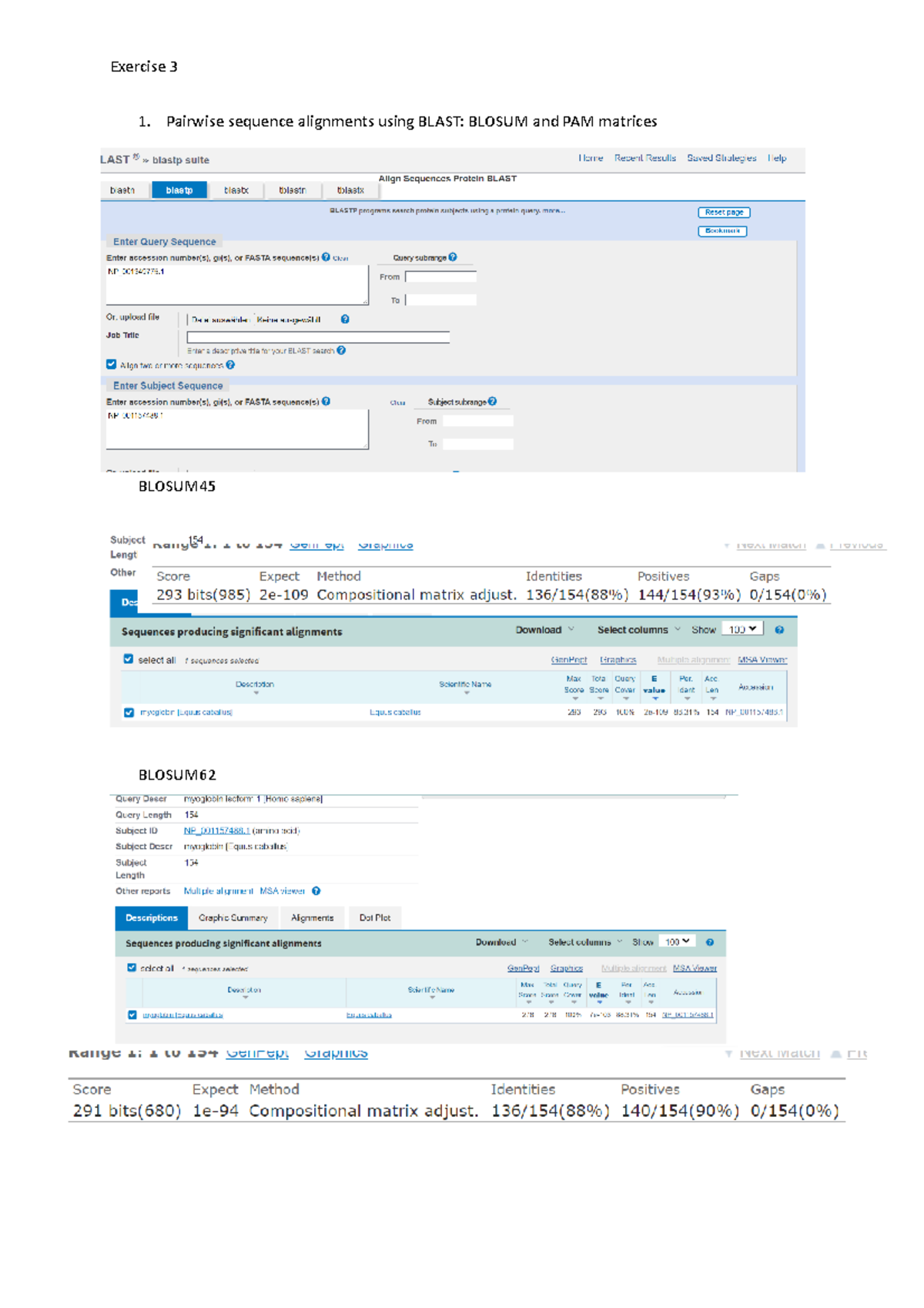 Pairwise Sequence Alignments Using Blast Pairwise Sequence Alignments Using Blast Blosum And