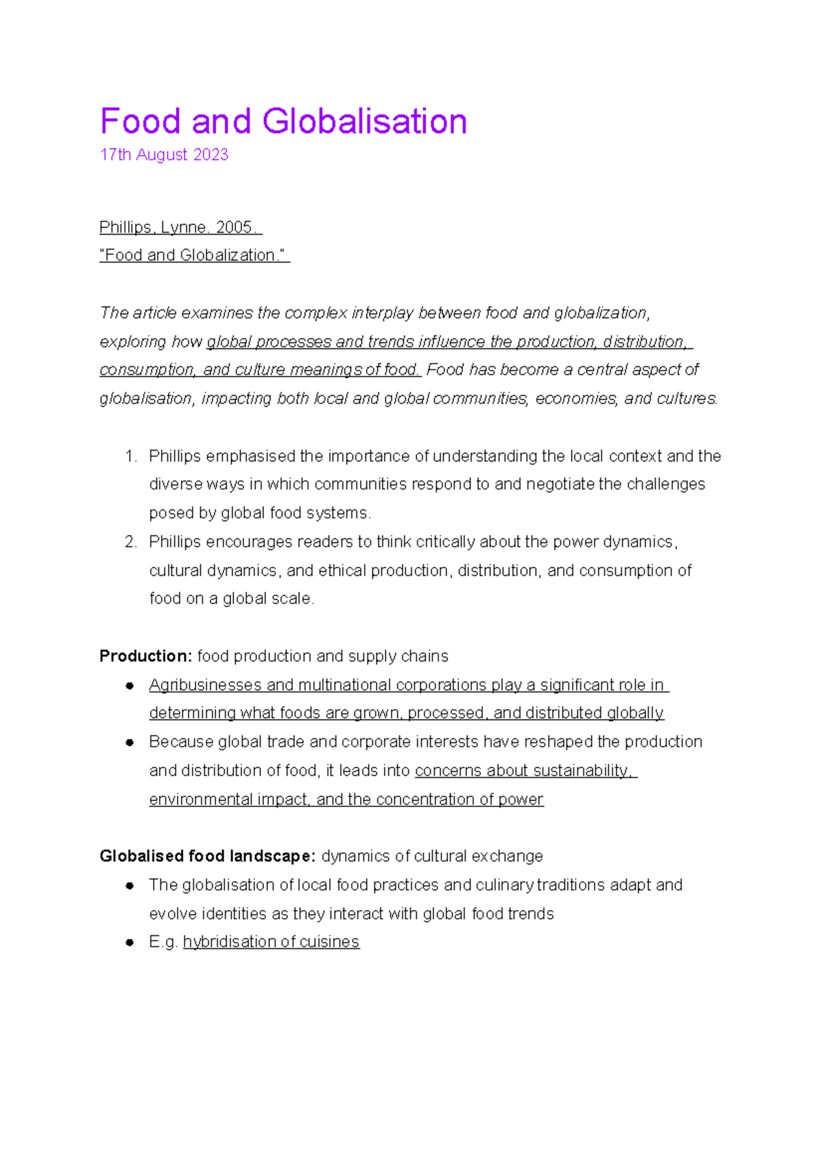 APL Test 1 - Summary Anthropology - Food and Globalisation 17th August ...