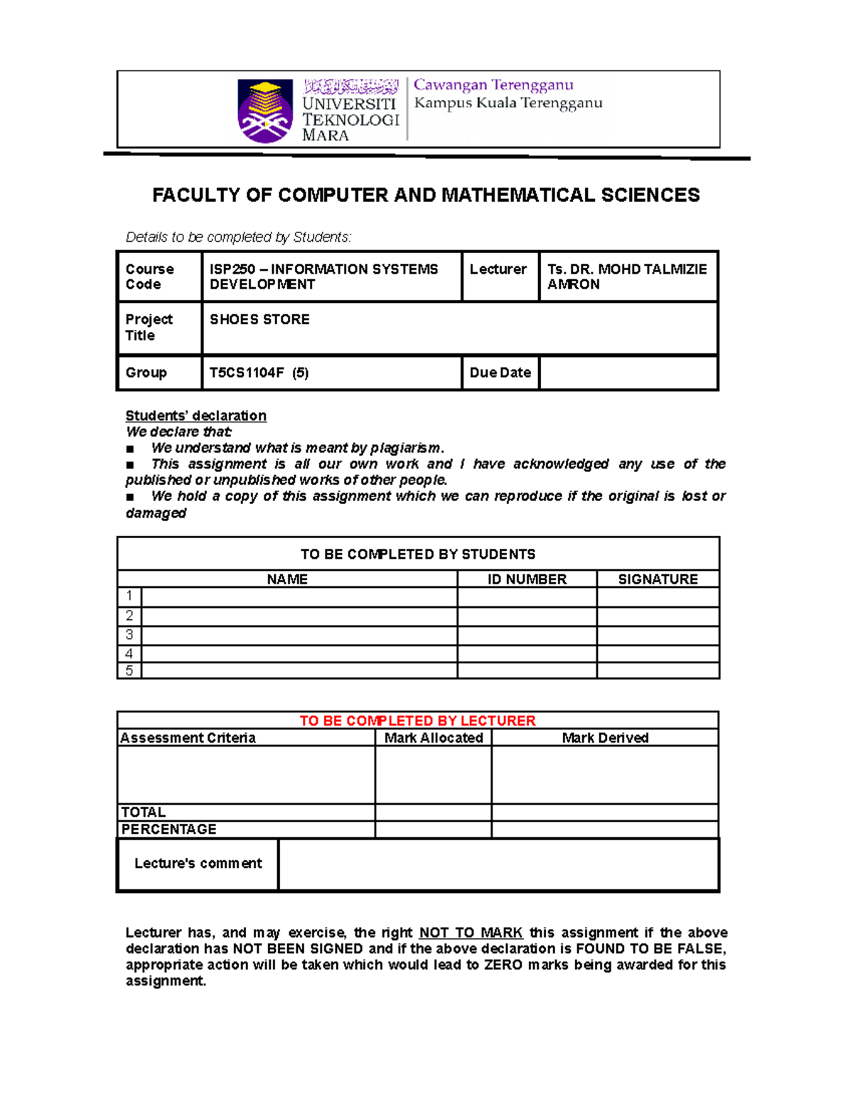 SDP Template isp250 - FACULTY OF COMPUTER AND MATHEMATICAL SCIENCES ...