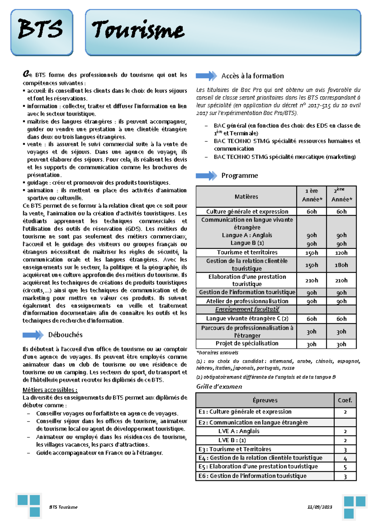 Bts tourisme - BTS Tourisme 11/09/ BTS Tourisme Ce BTS forme des professionnels du tourisme qui ...