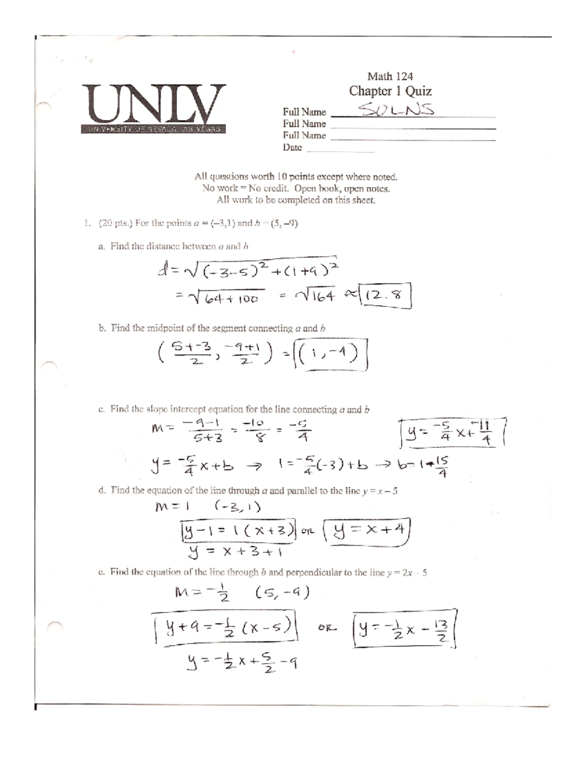 Quiz01-Soln - Math 124 UNLV Chapter 1 Quiz Full Name SOLNS Full Name ...