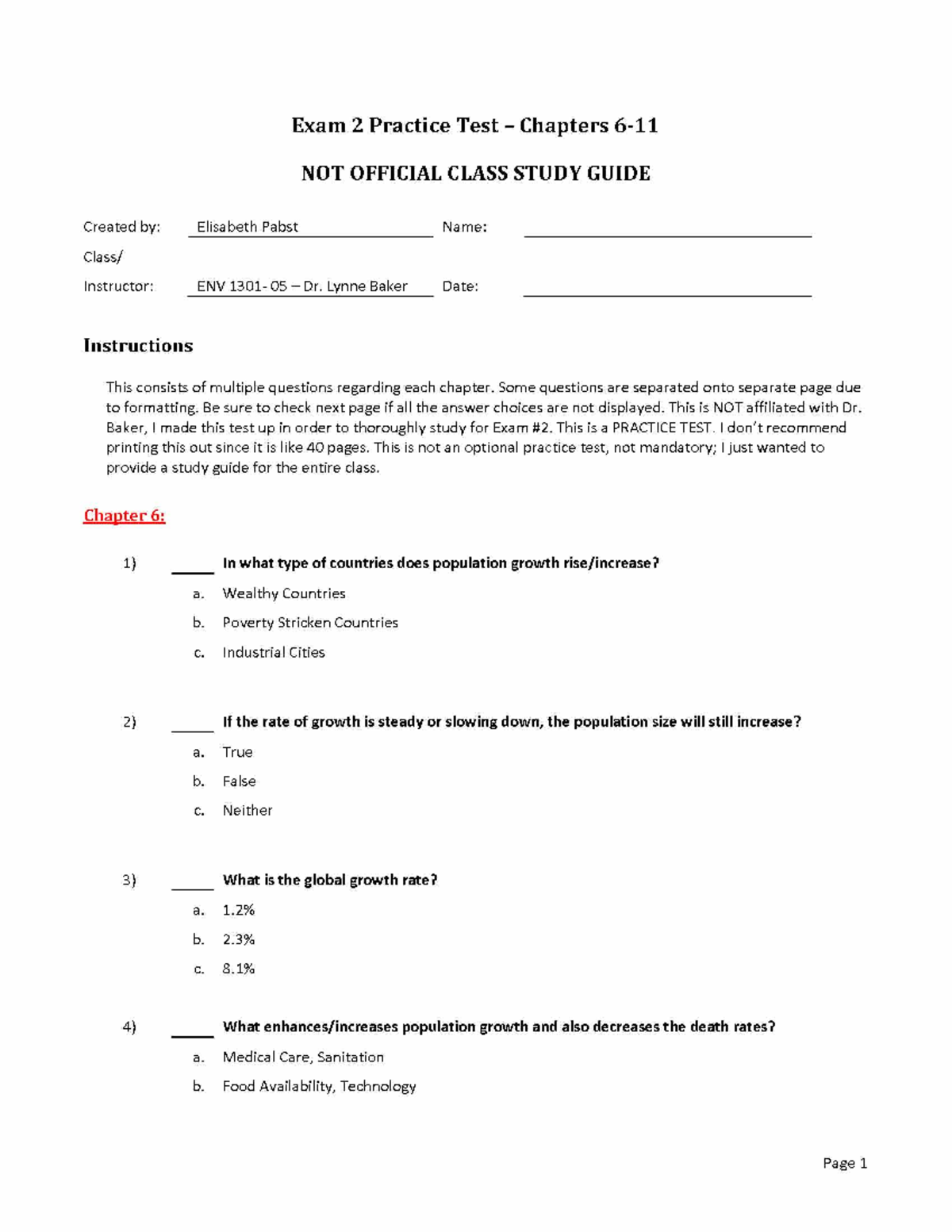 Exam 2 practice test Chapters 6 - 11 - Exam 2 Practice Test Chapters ...