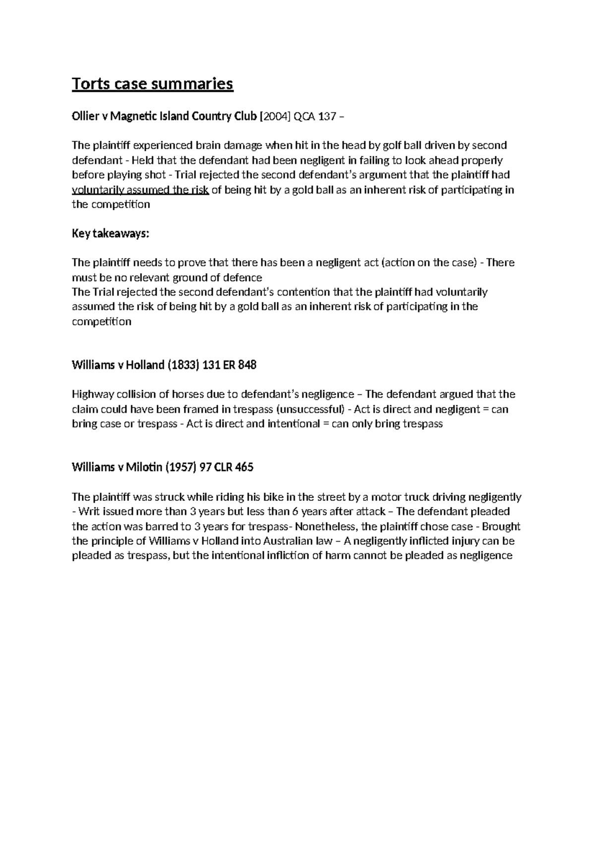 Torts case summaries - Torts case summaries Ollier v Magnetic Island ...