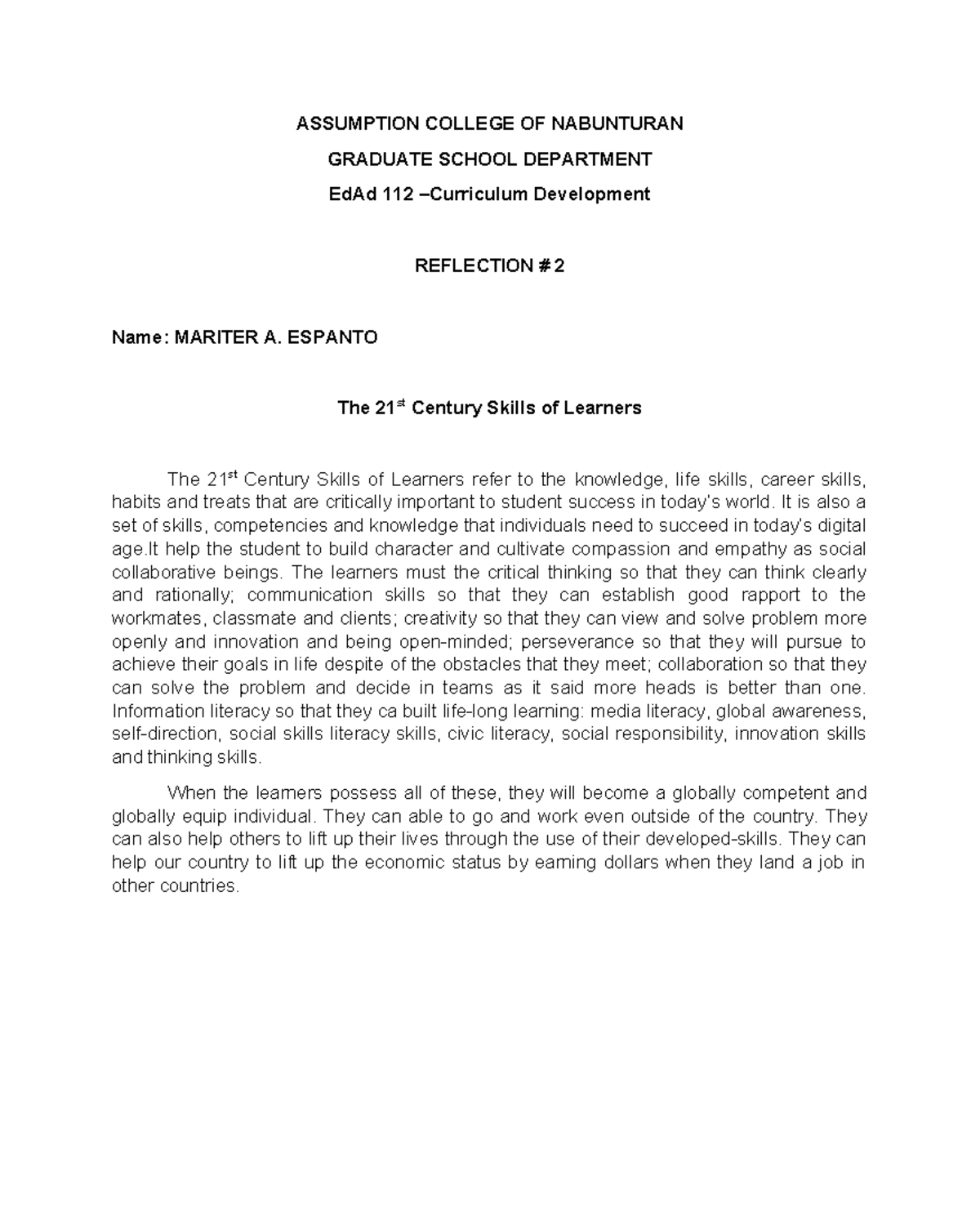 Reflection #2 - this is for your studies. - ASSUMPTION COLLEGE OF ...