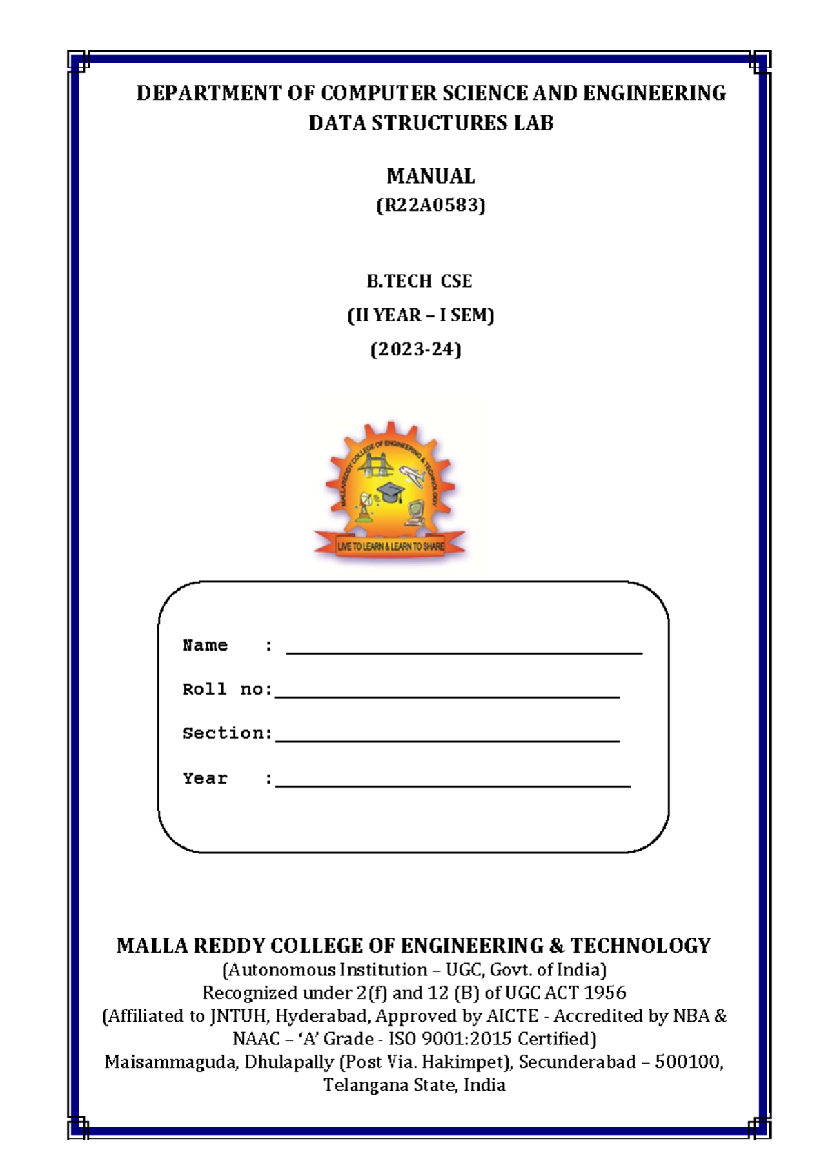 DS LAB(R22A0583) with Python - Name : Roll no: Section: Year : DEPARTMENT OF COMPUTER SCIENCE ...