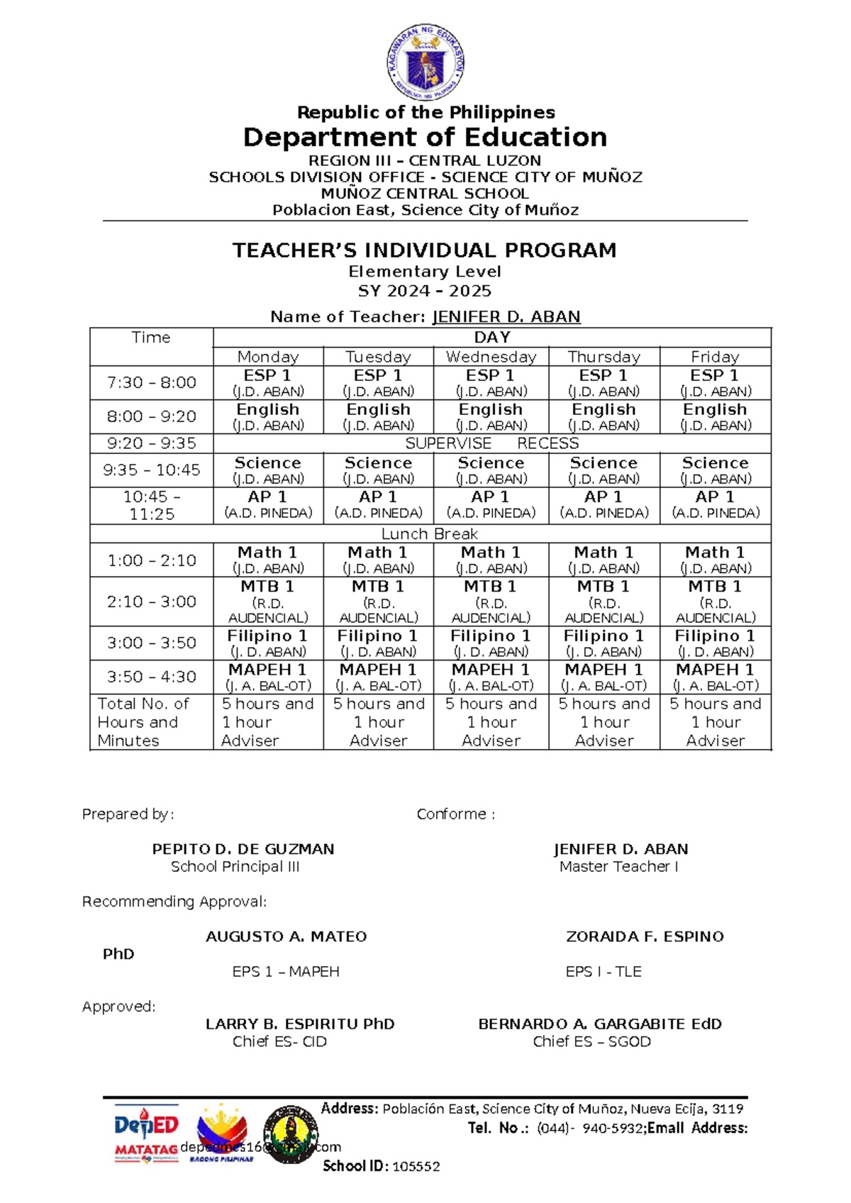 SSES Individual Class Program 2024 2025 - Department of Education ...