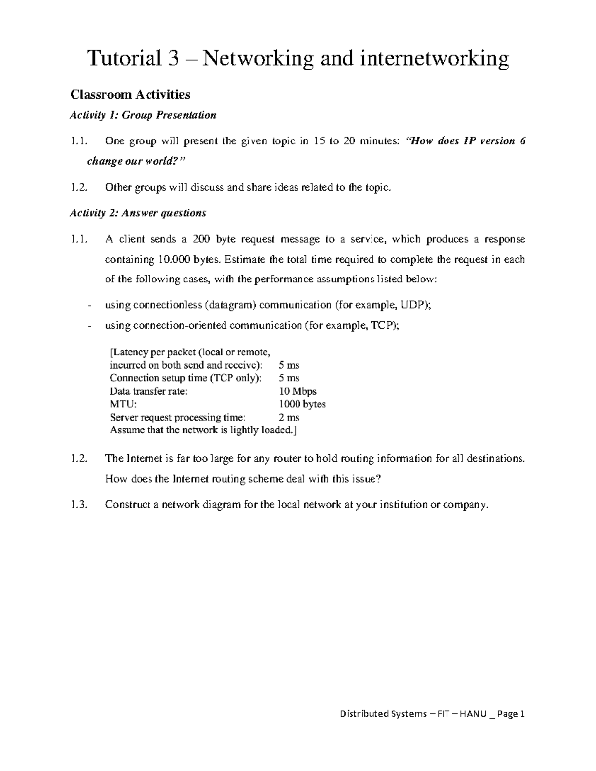 Tutorial 3 - 2024 - Distributed Systems – FIT – HANU _ Page 1 Tutorial 3 – Networking and - Studocu