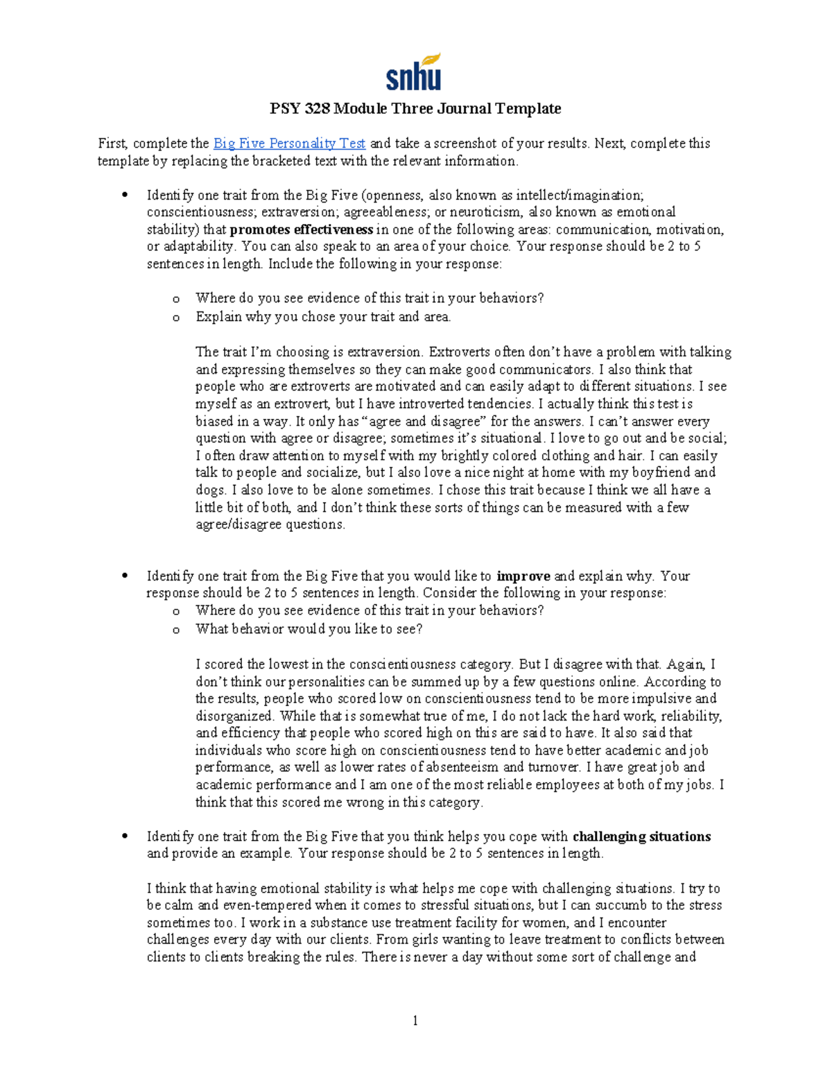 Module 3 Personality - PSY 328 Module Three Journal Template First ...