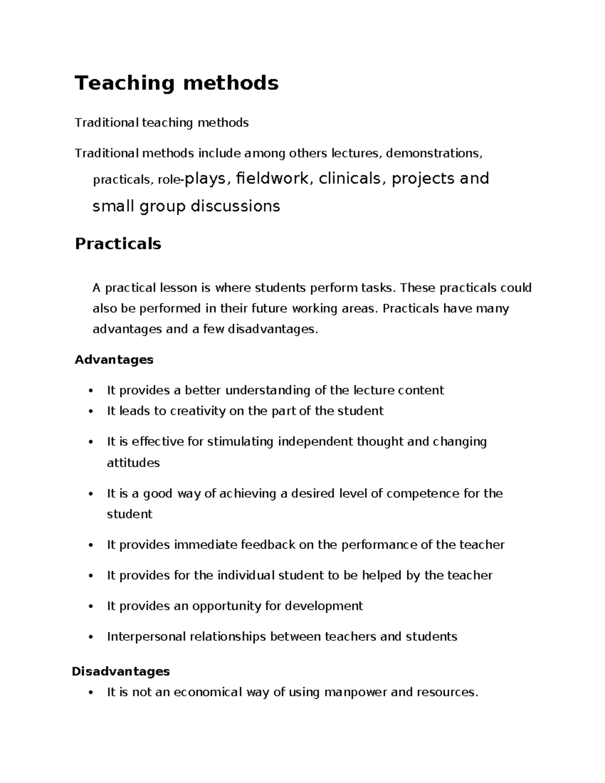 Teaching methods - Notes - Teaching methods Traditional teaching ...