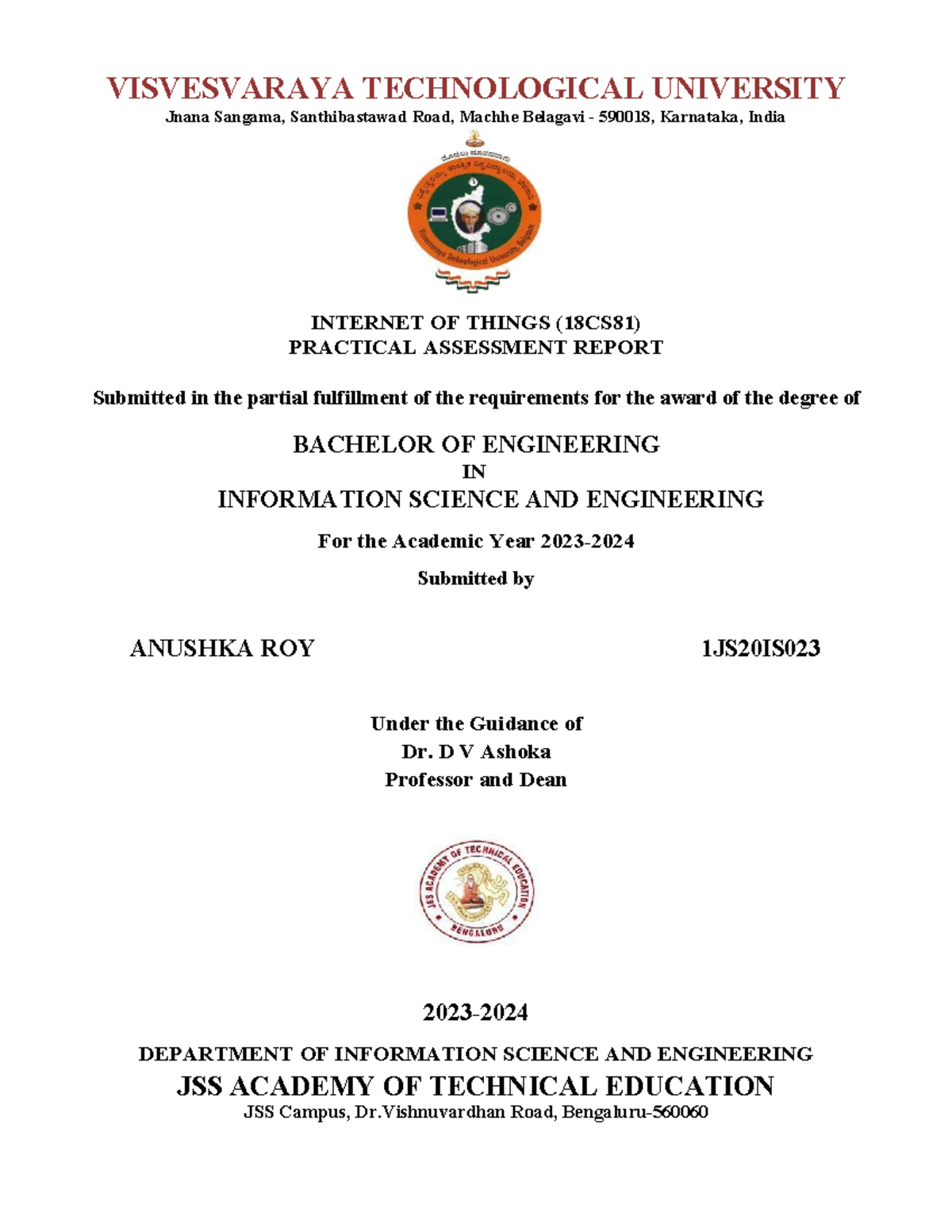 IOT report merged - VISVESVARAYA TECHNOLOGICAL UNIVERSITY Jnana Sangama ...
