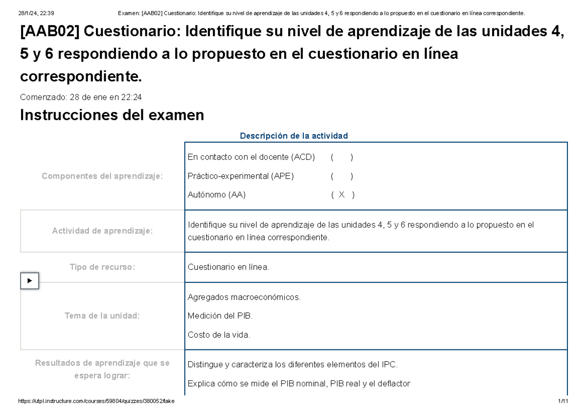 Examen [AAB02] Cuestionario Identifique su nivel de aprendizaje de las unidades 4, 5 y 6 - Studocu