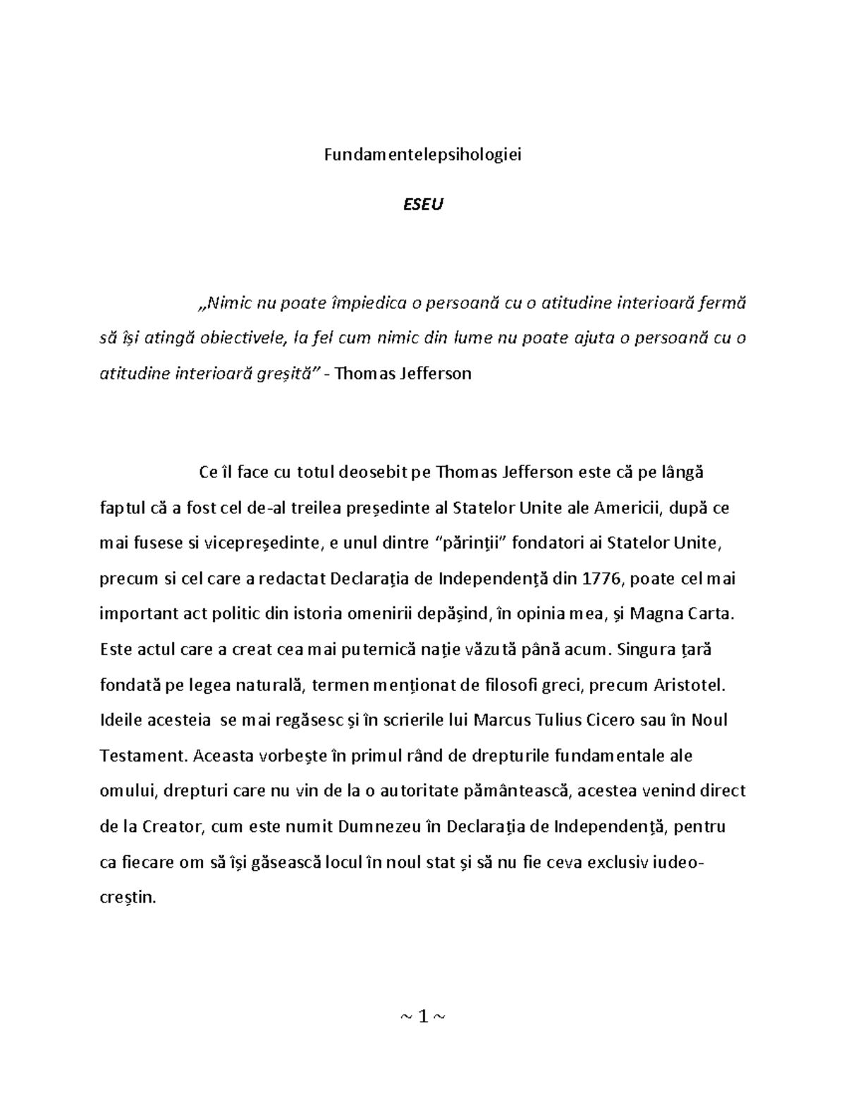 Fundamentele psihologiei - Eseu 2 - ~ 1 ~ Fundamentelepsihologiei ESEU ...