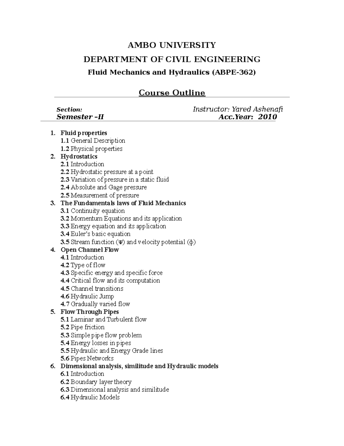 Course outline - irrigation engineering i - AMBO UNIVERSITY DEPARTMENT ...