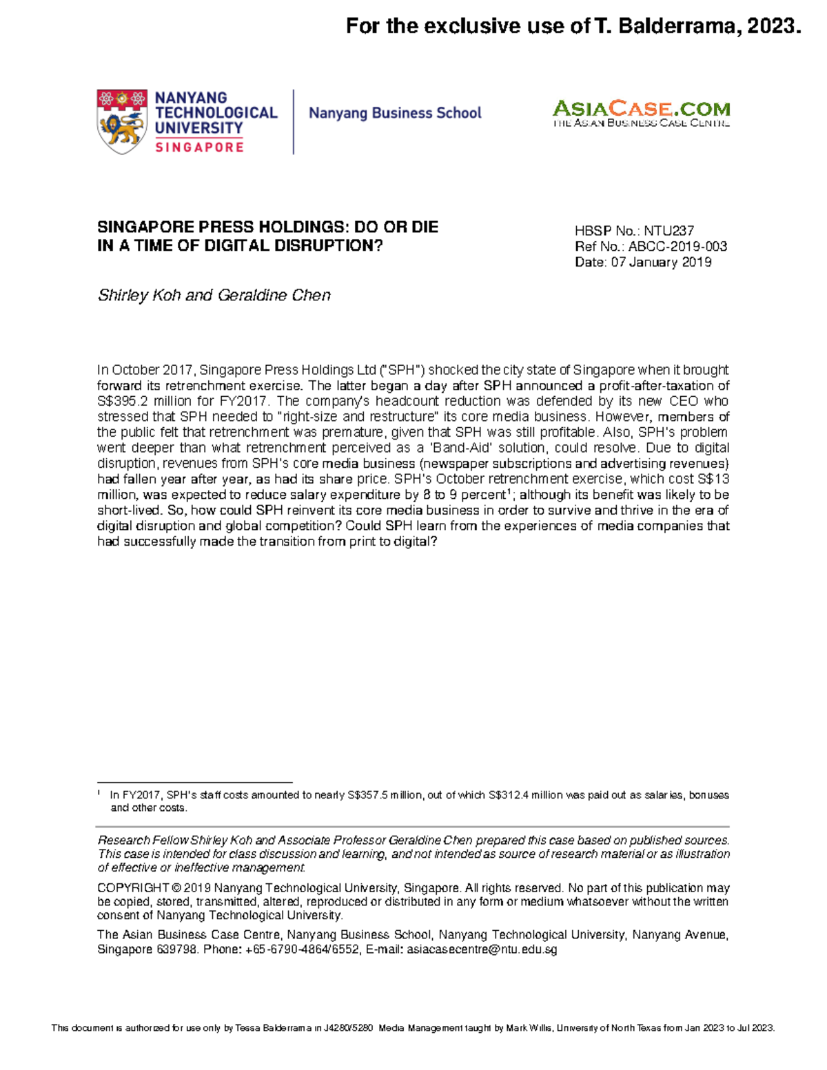 Case Study number one - Research Fellow Shirley Koh and Associate ...