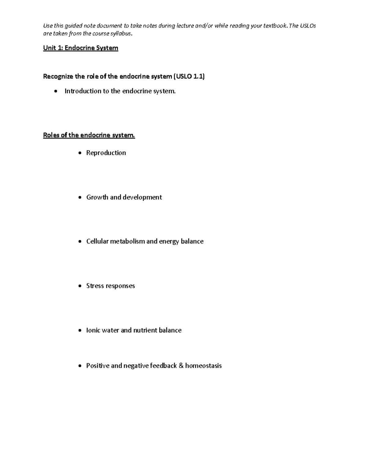 Unit 1 Endocrine Guided Notes - Use this guided note document to take ...