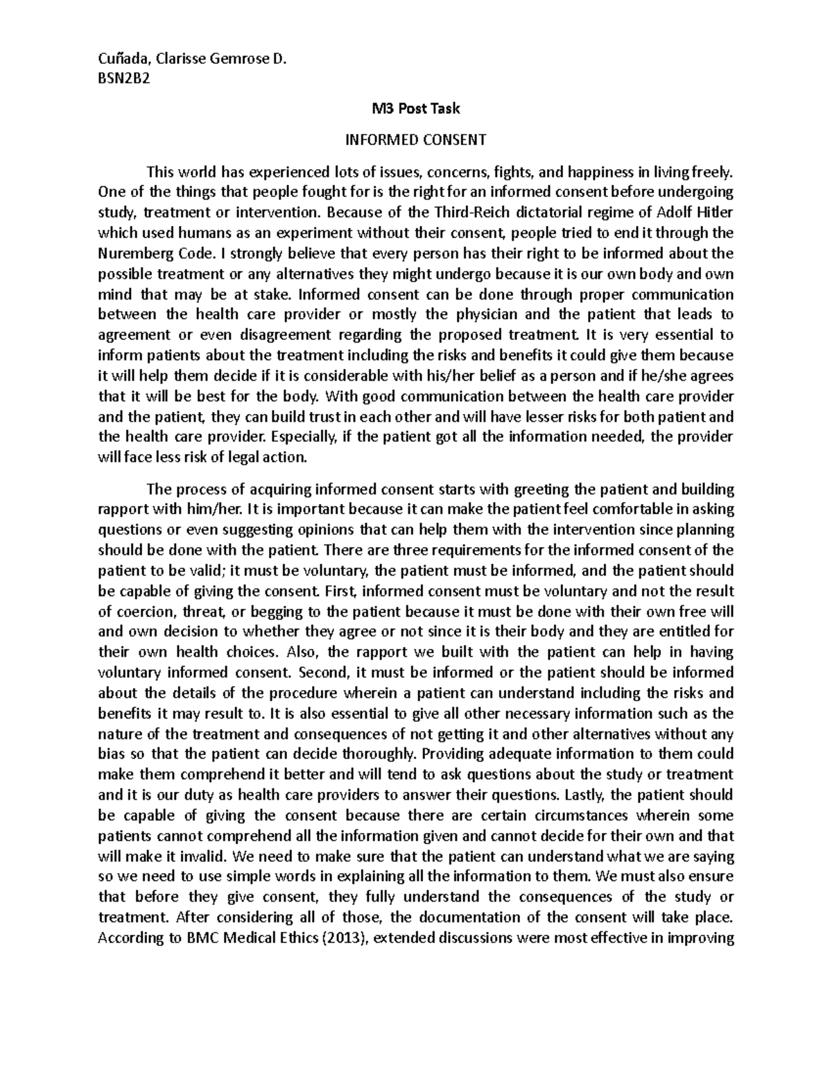 Informed Consent Reflection - Nursing - BSU - Studocu