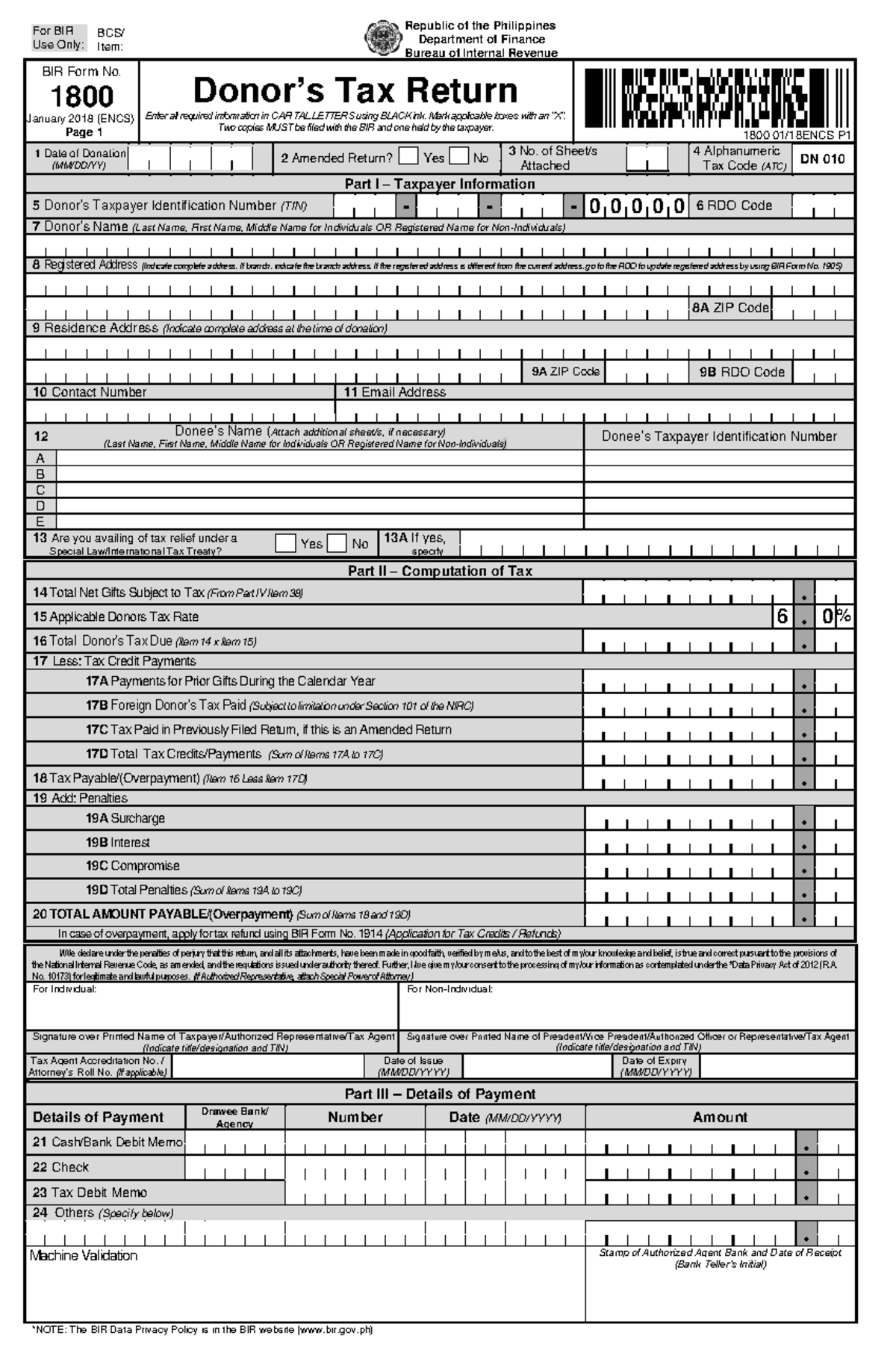 BIR Form 1800 - Donor's tax - For BIR Use Only: BCS/ Item: BIR Form No ...