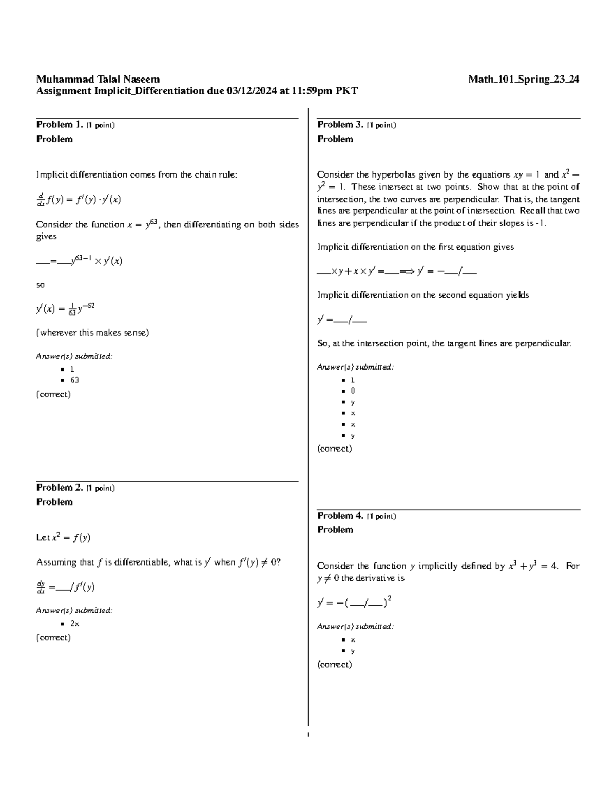 Math 101 Spring 23 24 - Muhammad Talal Naseem Math 101 Spring 23 24 ...